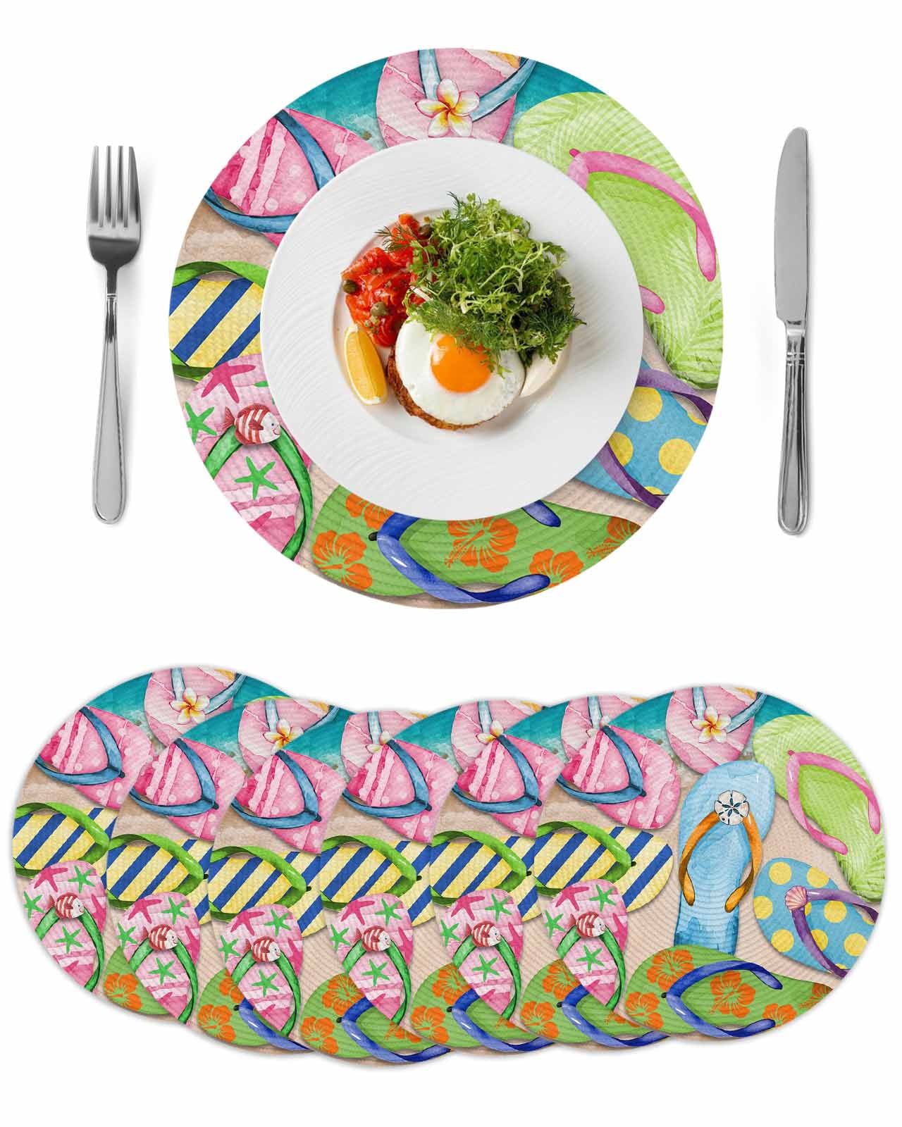 Colorful Flip Flops Round 13 Inch Placemats Set of 6, Summer Blue Beach ...