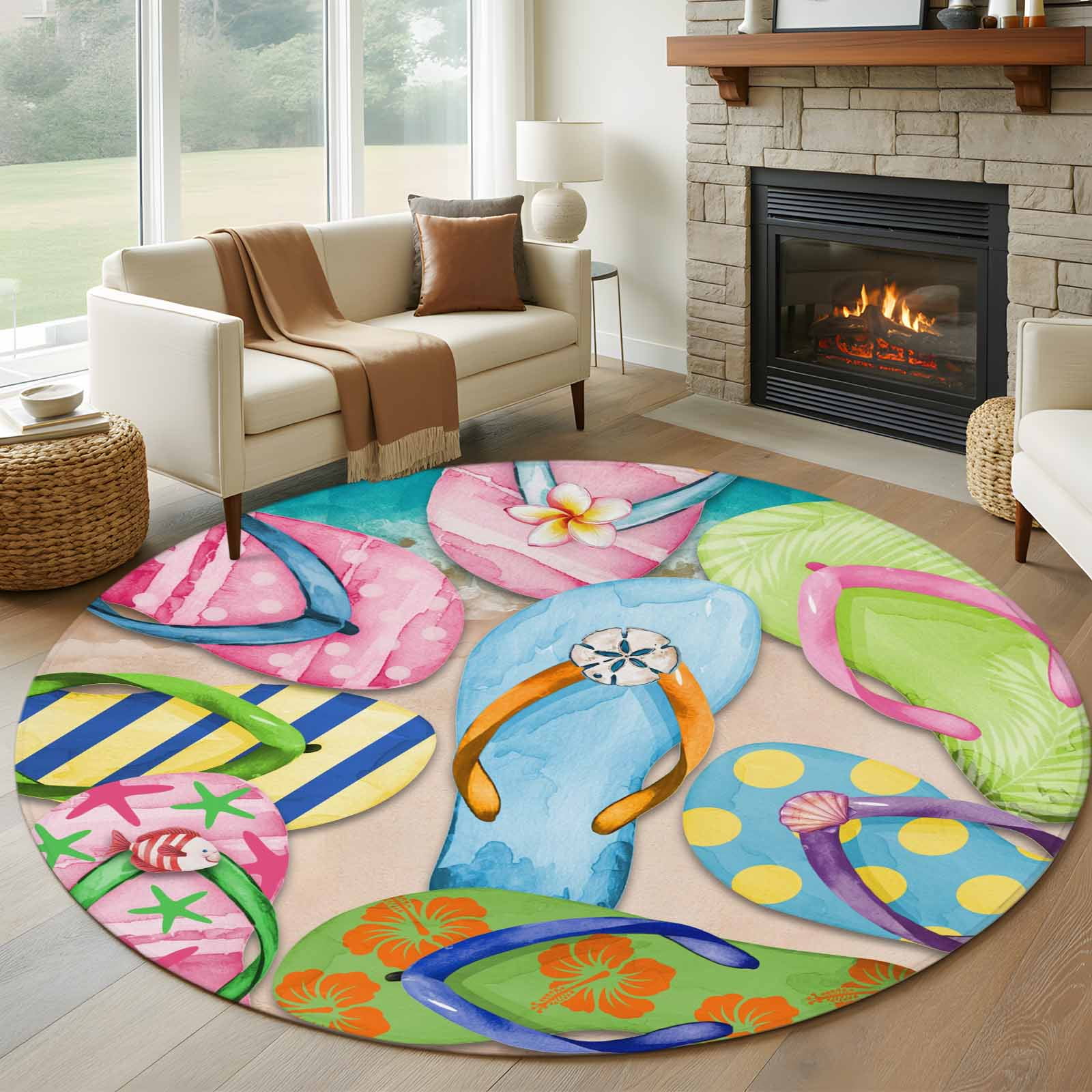 Colorful Flip Flops Round Rug 5ft Washable Circle Kitchen Rugs Non Slip ...