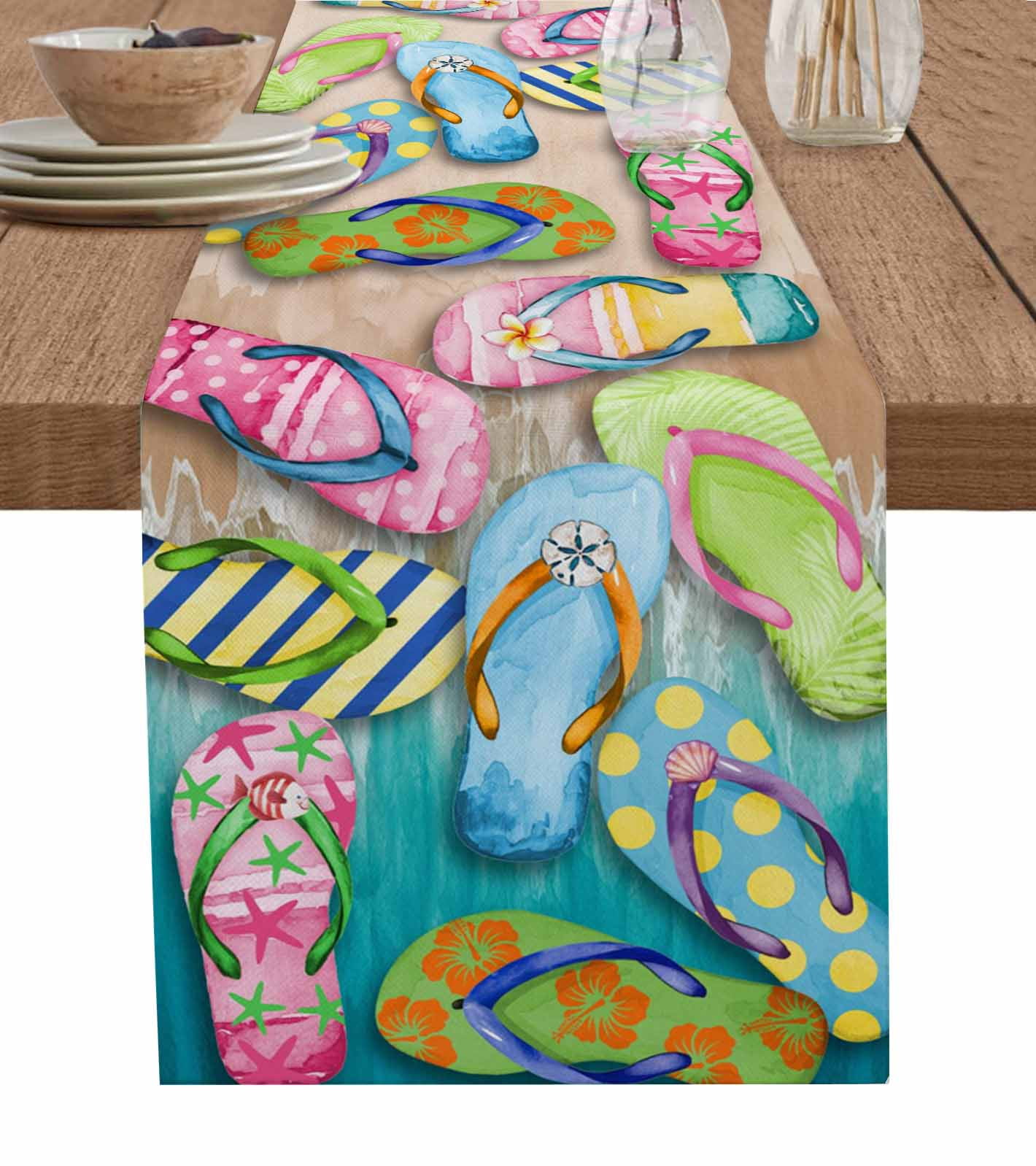 Colorful Flip Flops Table Runner 70 Inches, Summer Blue Beach Ocean Bed ...