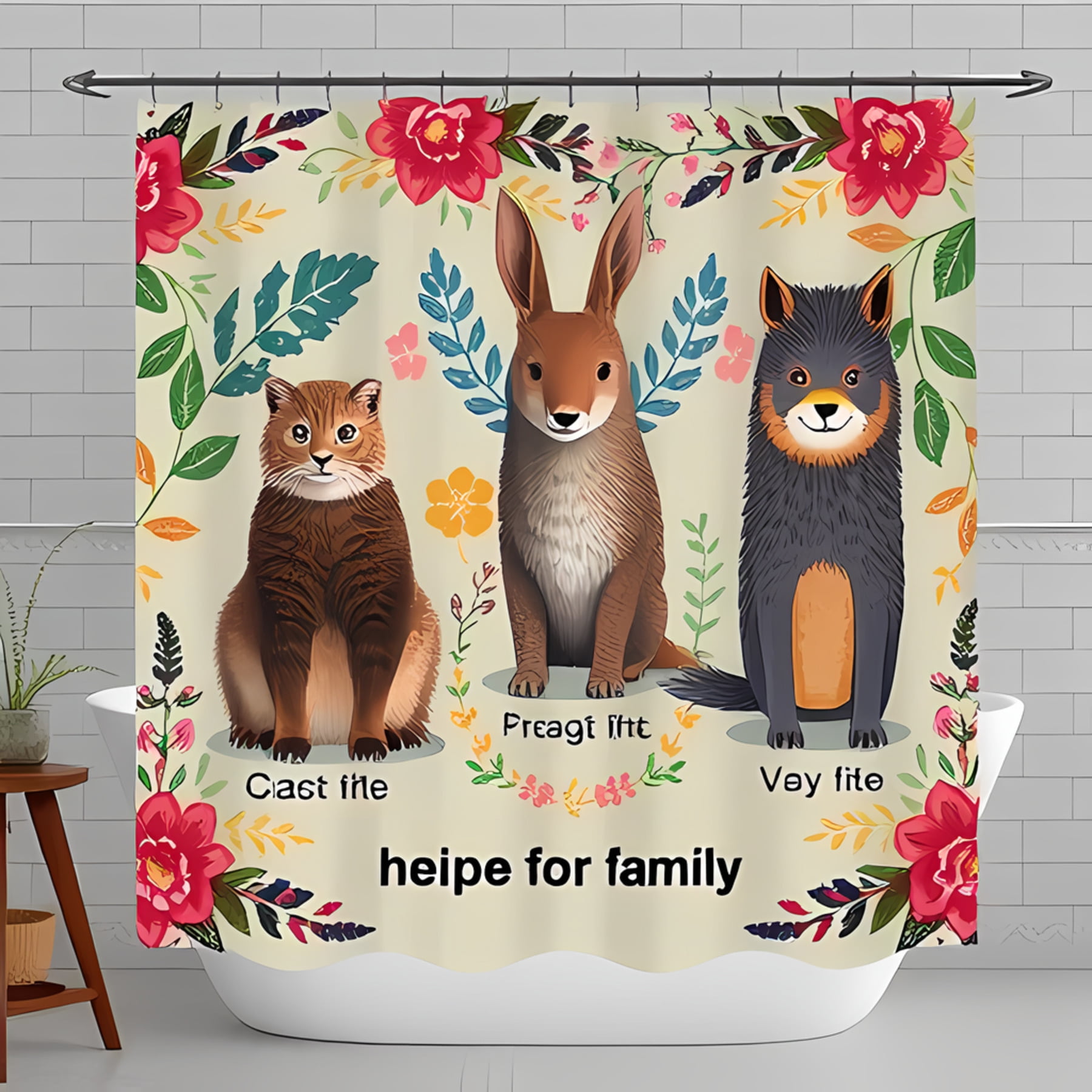 Colorful Floral Animal Shower Curtain - Adorable Cat Rabbit & Dog ...