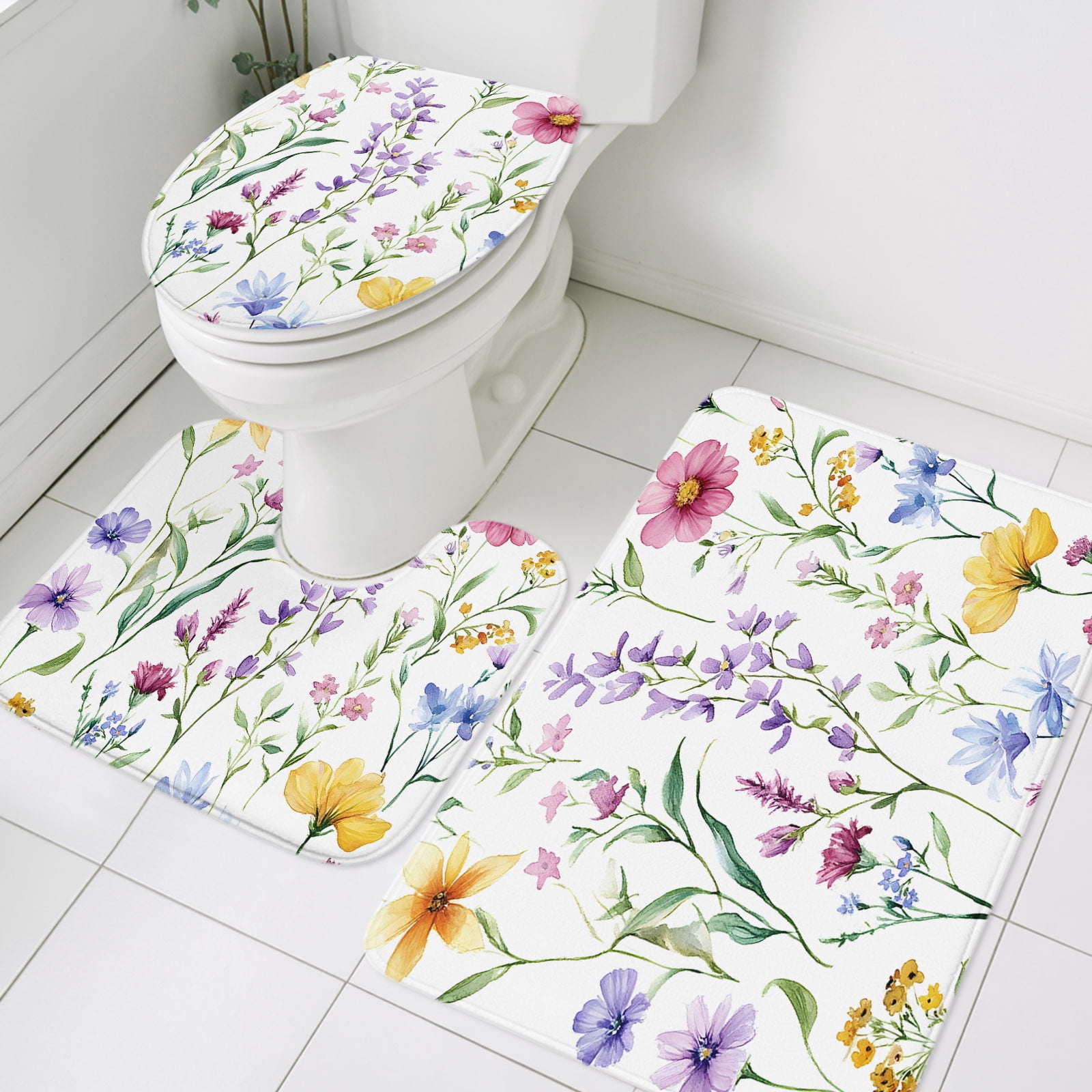 Colorful Floral Bathroom Rugs Set Spring Purple Pink Flower Leaf Rustic ...