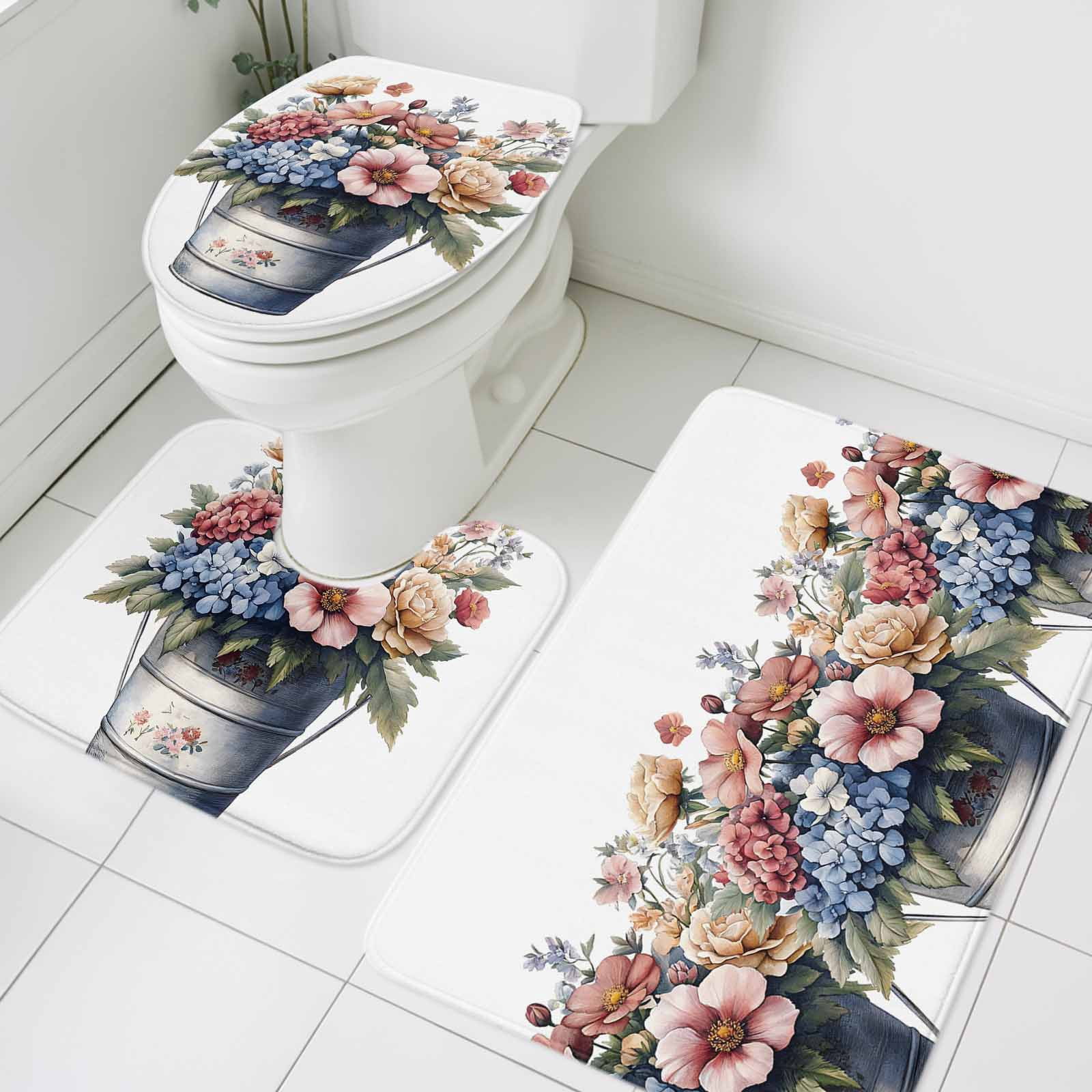 Colorful Floral Bathroom Rugs Set Spring Retro Red Blue Flower ...