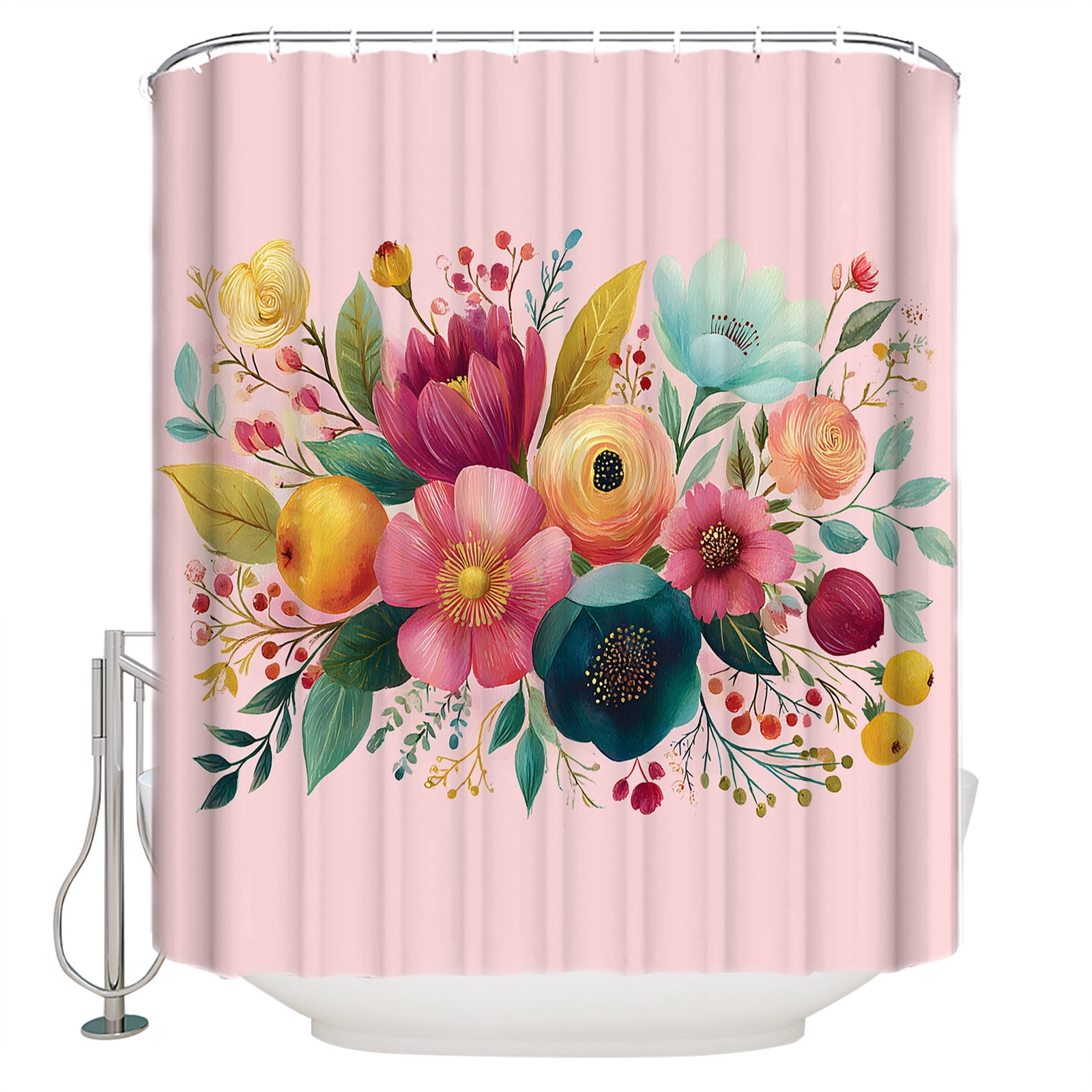 Colorful Floral Bathroom Shower Curtains with 12 Hooks Polyester ...