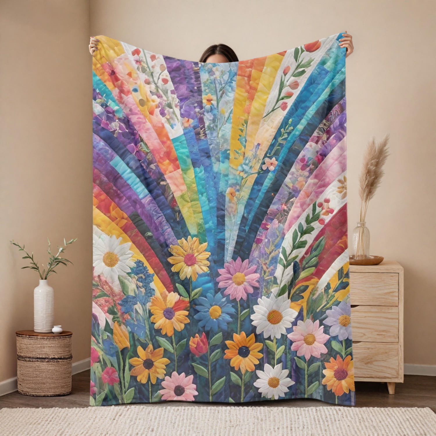 Colorful Floral Blanket, Patchwork Design, Soft Polyester Throw, Cozy Home Decor, Gift for Her ...