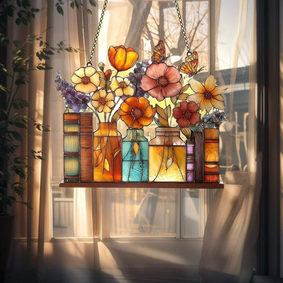 Colorful Floral Bookshelf Acrylic Suncatcher, Faux Stained Glass Window ...