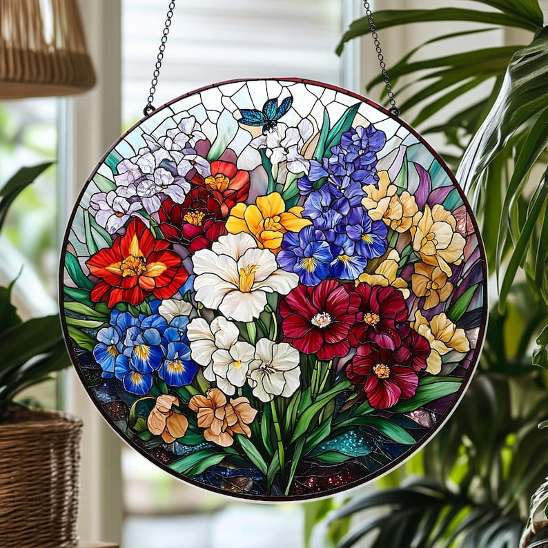 Colorful Floral Bouquet Acrylic Suncatcher – Faux Stained Glass Round ...