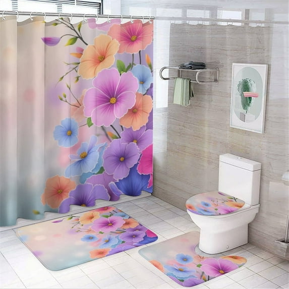 Colorful Floral Bouquet Background Shower Curtain Set Modern Bathroom ...