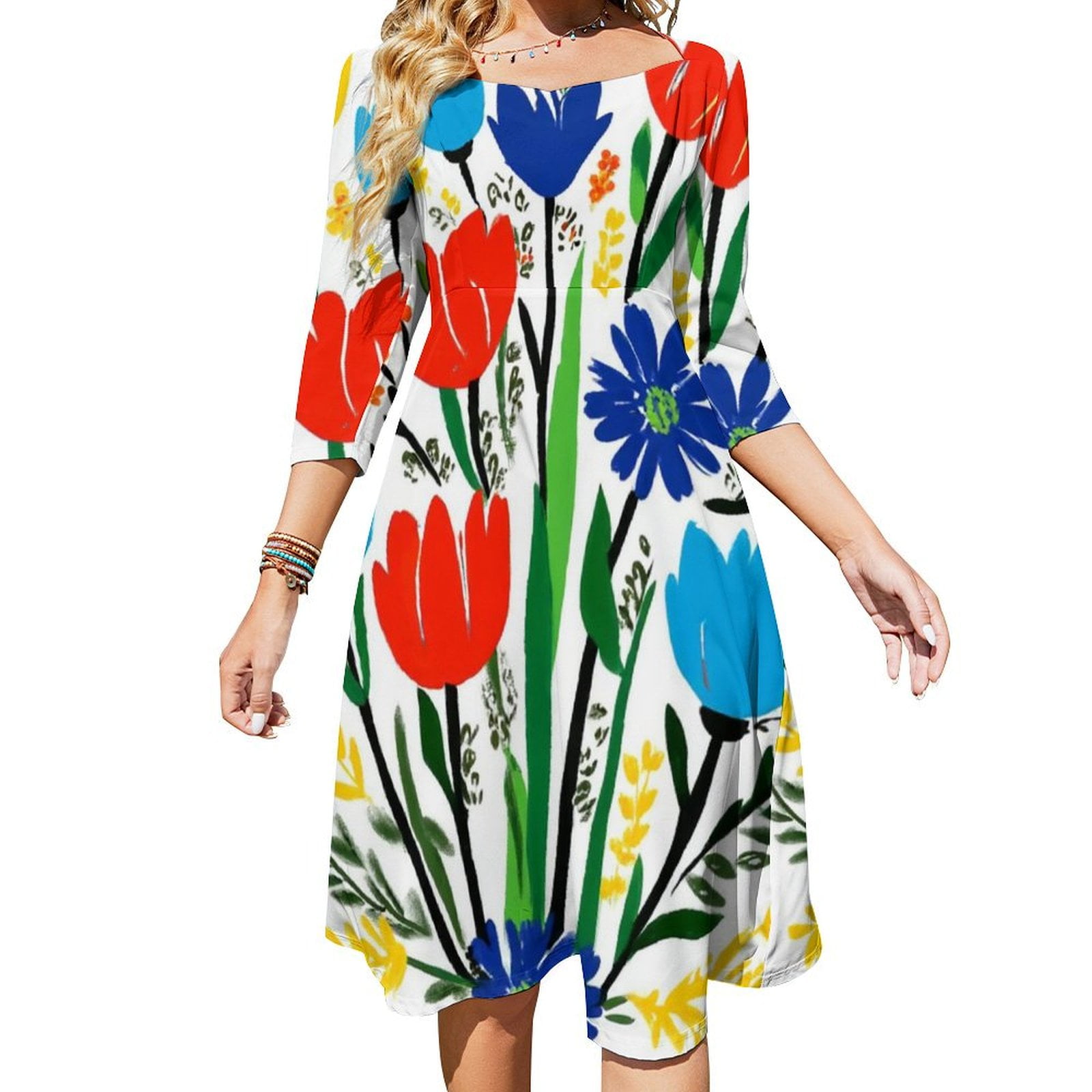 Colorful Floral Bouquet Bright Art Women's 3/4 Sleeve Dresses Elegant A ...