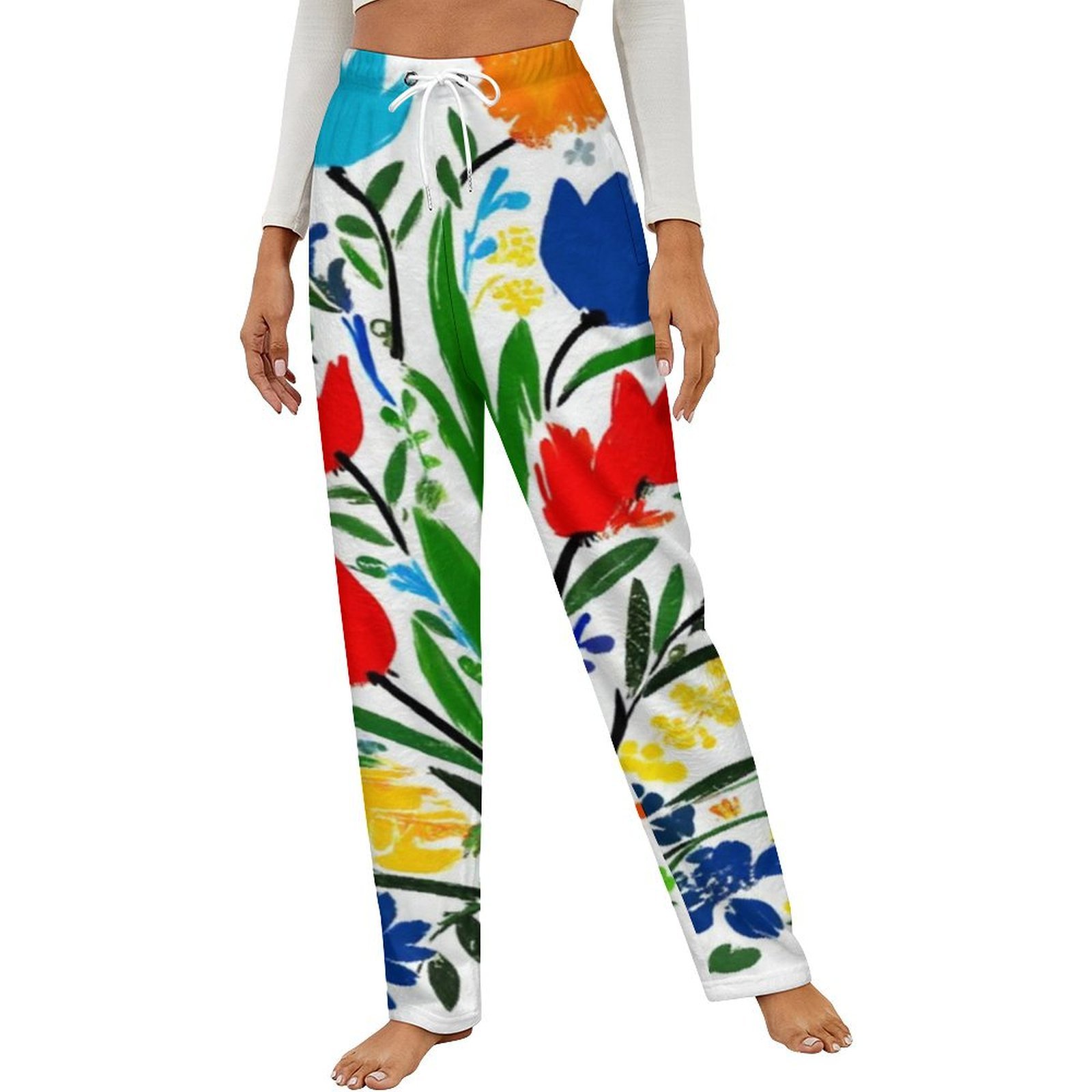 Colorful Floral Bouquet Bright Happy Art Winter Female Pants Flannel ...