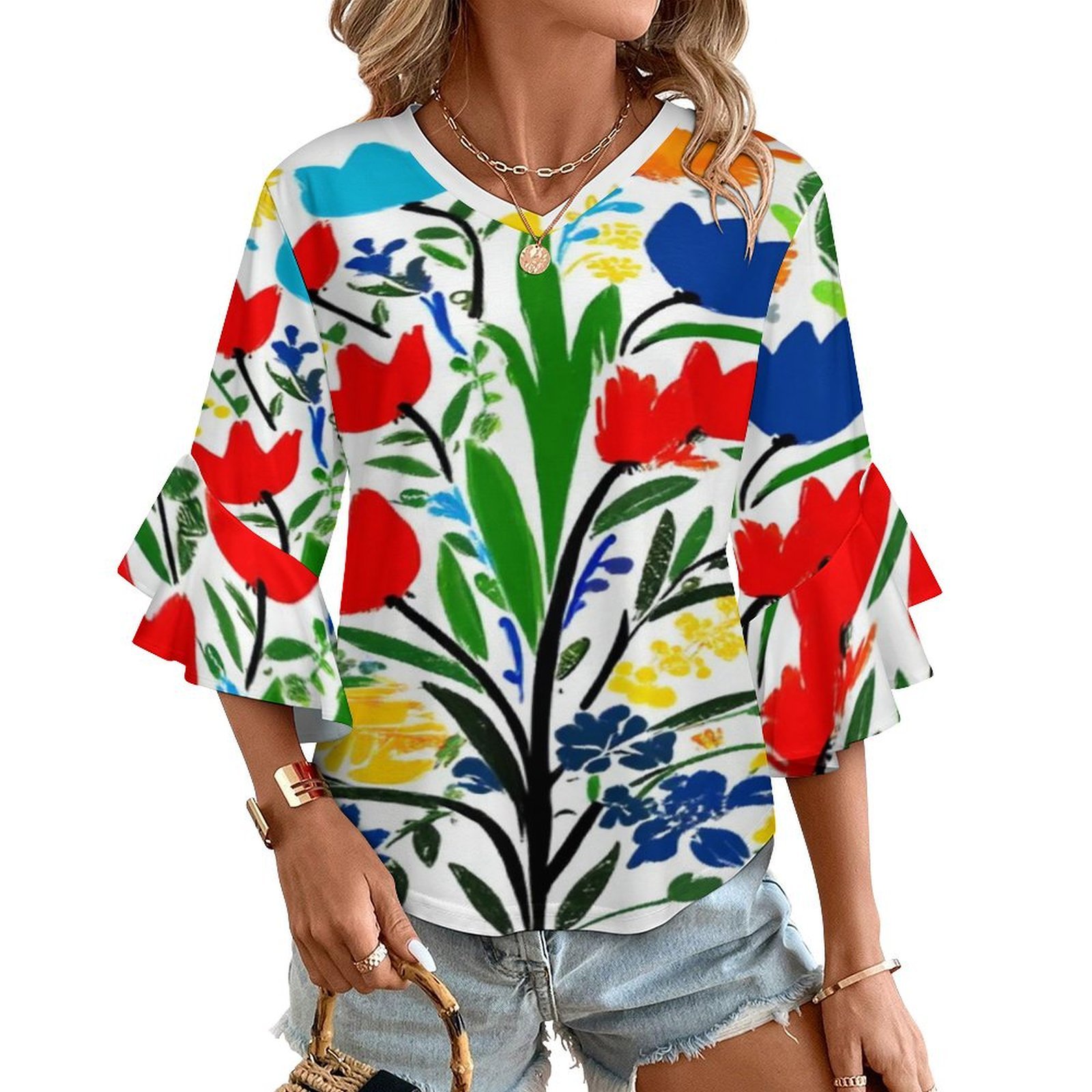 Colorful Floral Bouquet Bright Happy Art Women's V-Neck Blouse With 3/4 ...