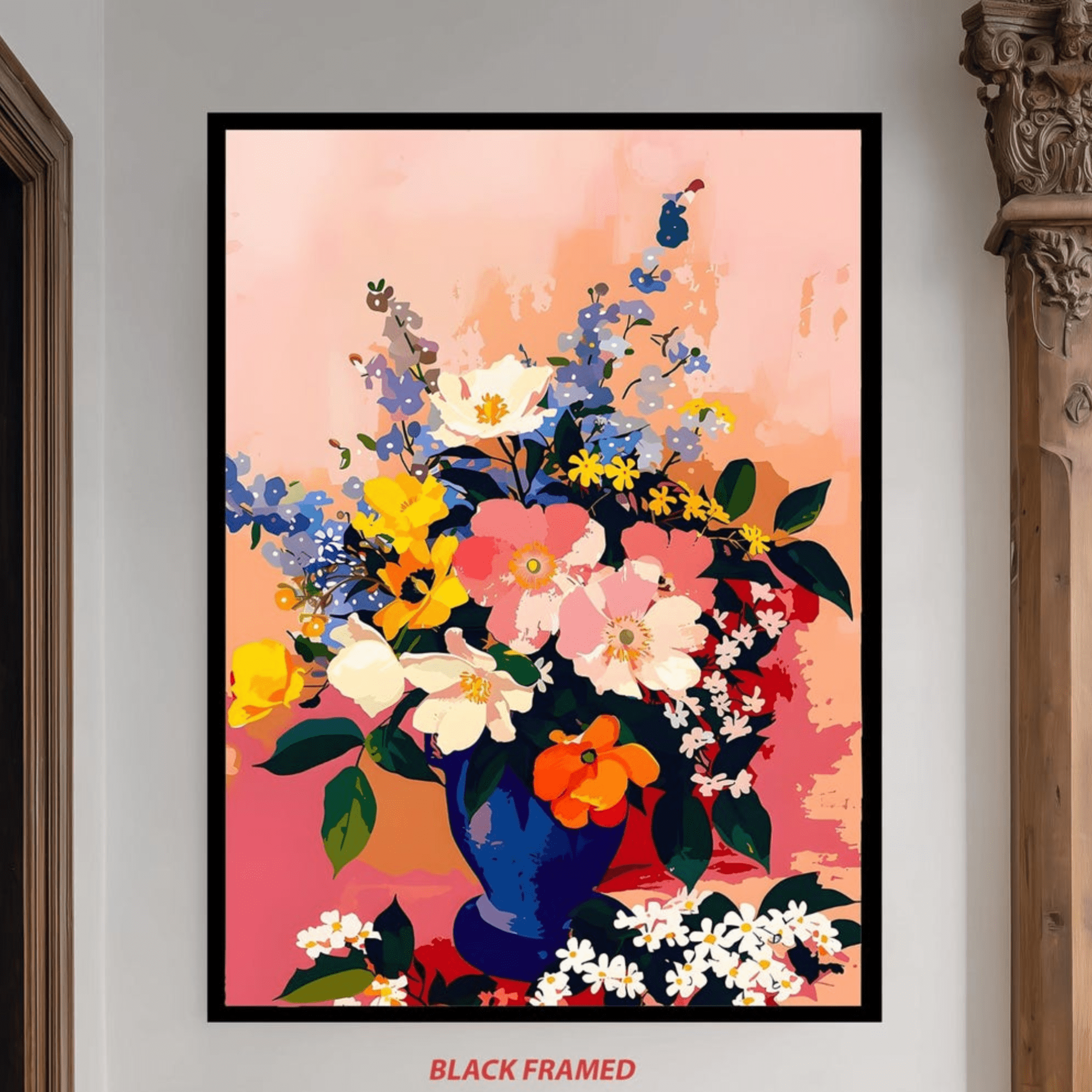 Colorful Floral Bouquet Wildflowers Blue Vase Poster, Stretched Canvas ...