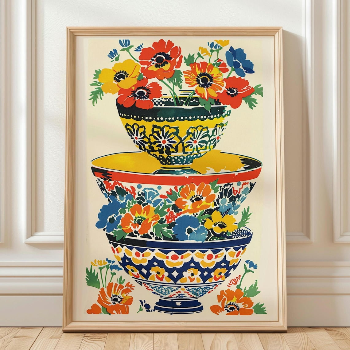 Colorful Floral Bowl Vintage With Folk Flowers Vibrant Stacked Bowls ...