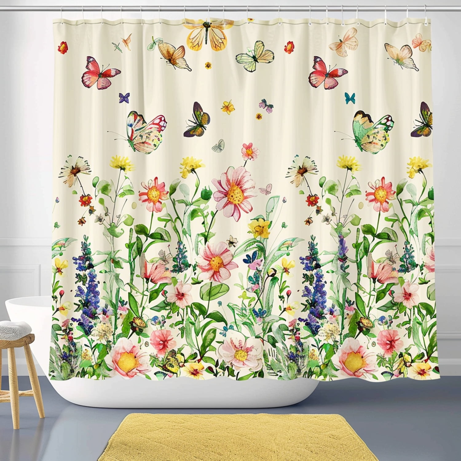 Colorful Floral Butterfly Shower Curtain Vibrant Watercolor Design For