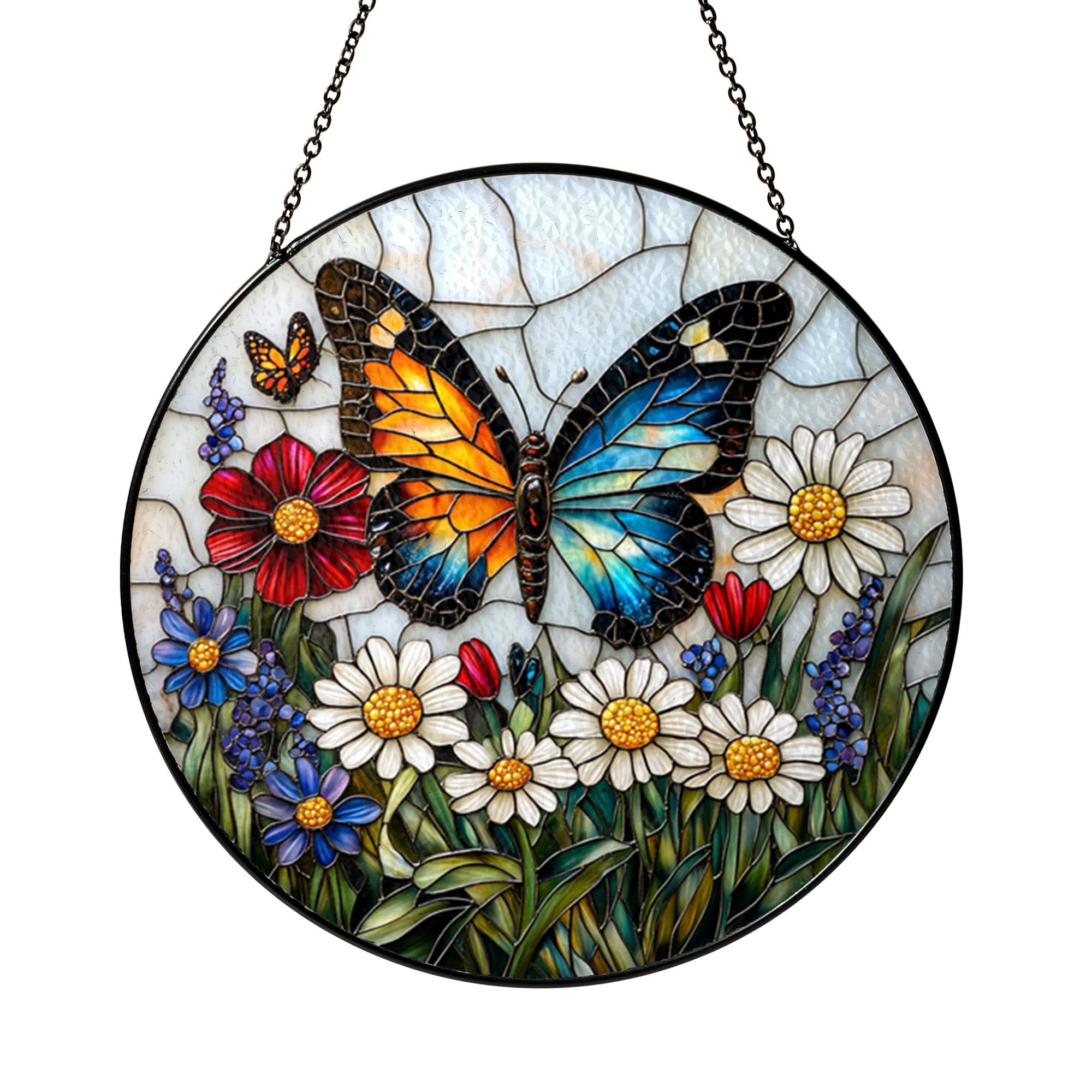 Colorful Floral Butterfly Stained Glass Style Suncatcher – Round Window ...