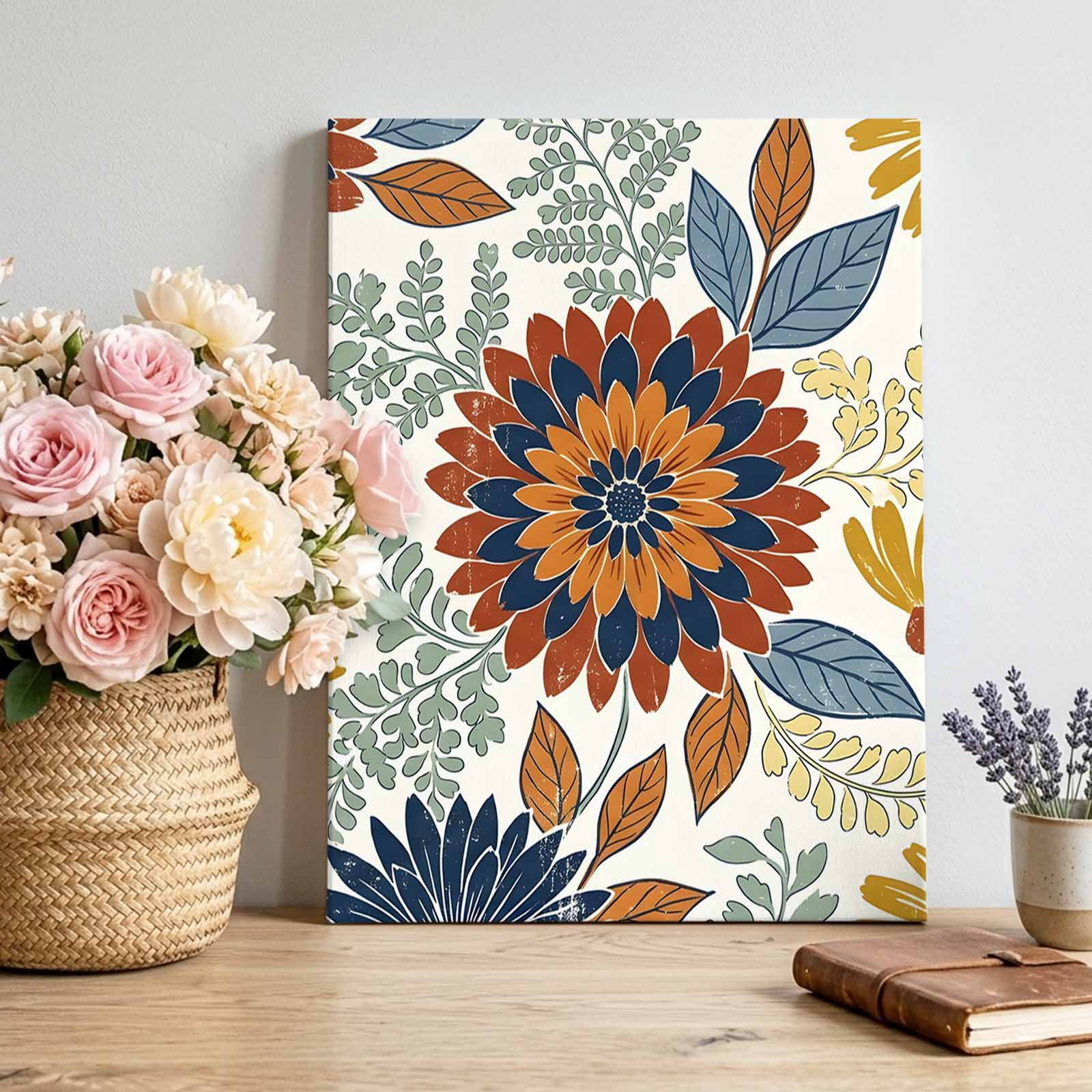 Colorful Floral Canvas Wall Art for Living Room, Bohemian Orange Teal ...