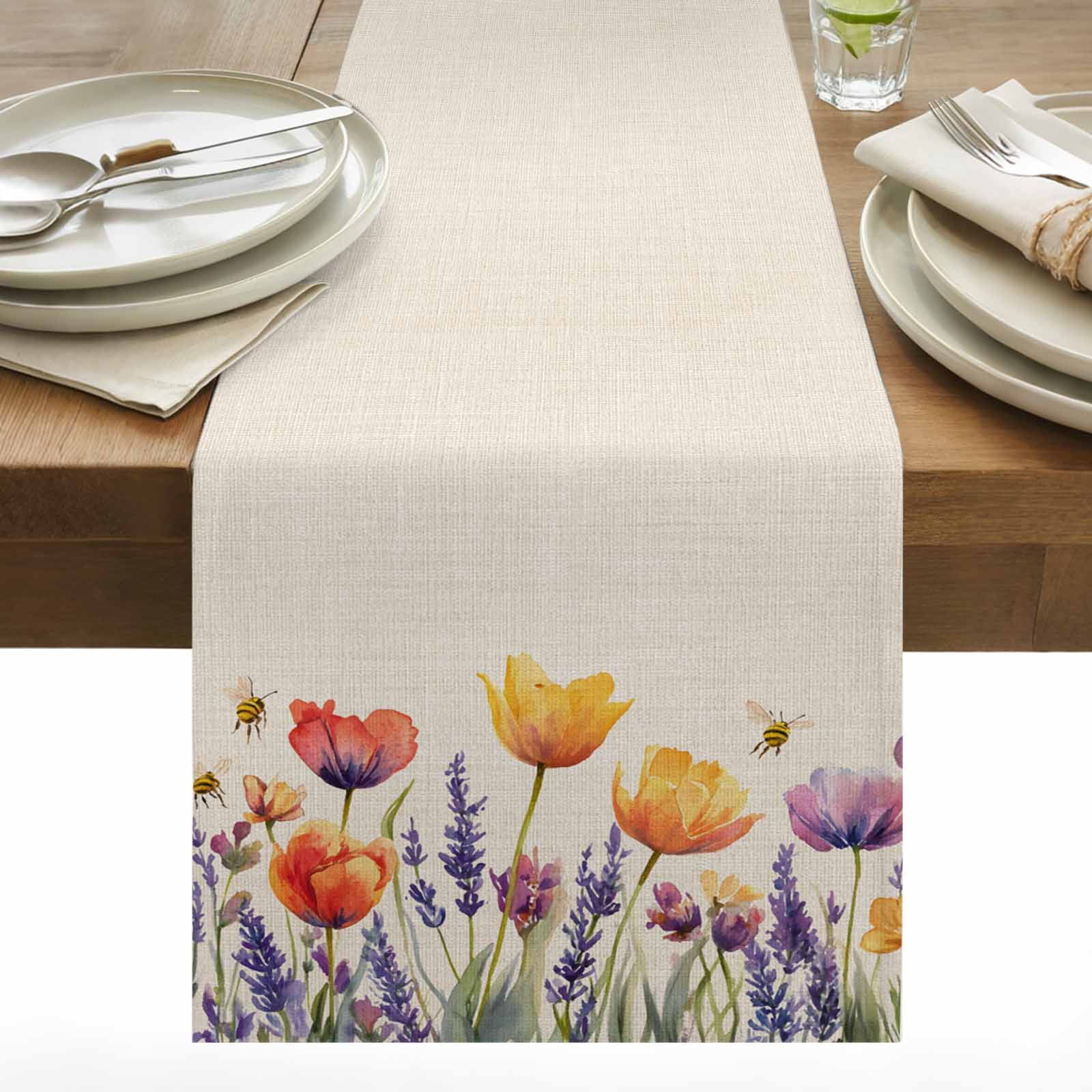 Colorful Floral Cotton Linen Table Runner Spring Flowers Lavender ...