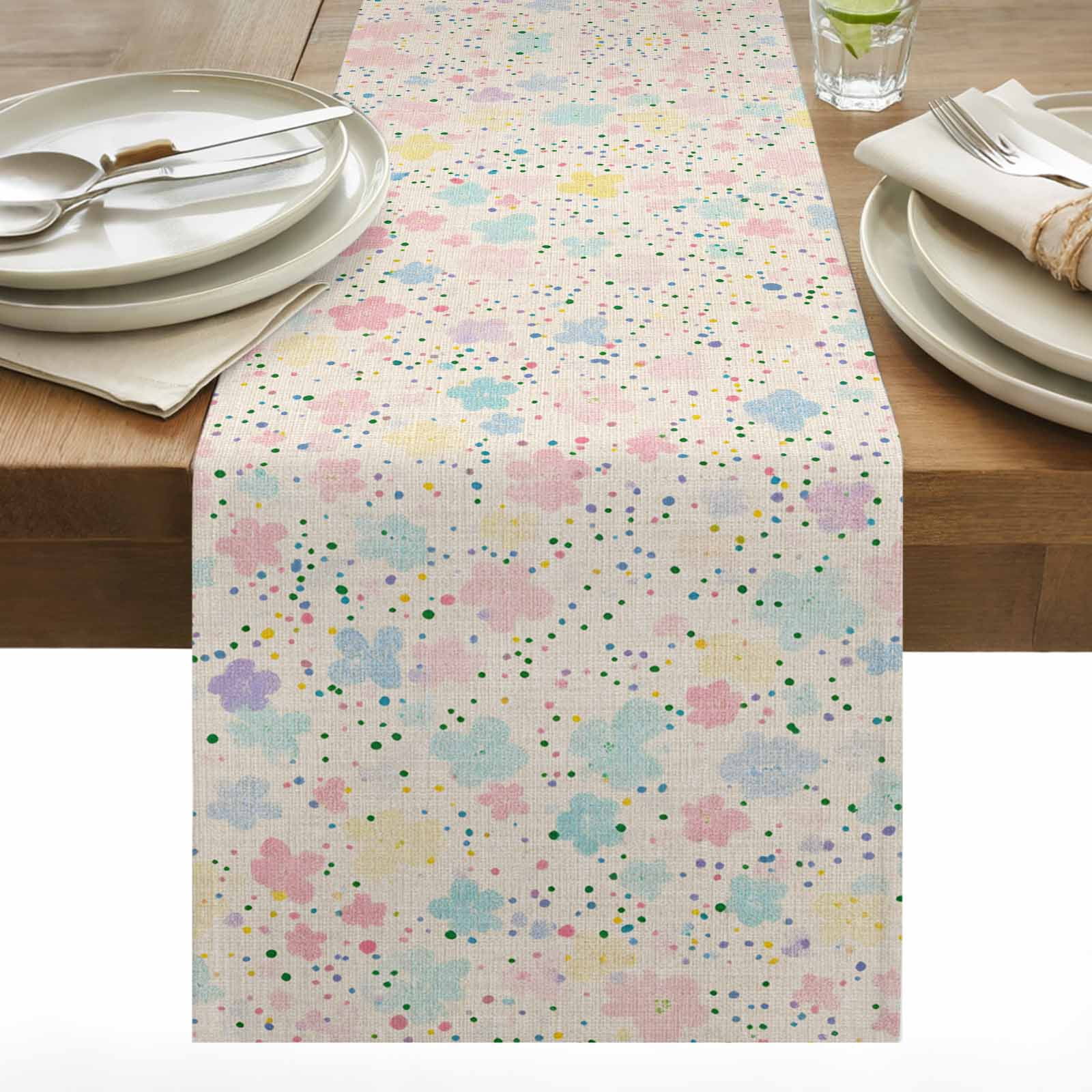 Colorful Floral Cotton Linen Table Runner Spring Pink Blue Yellow Green ...