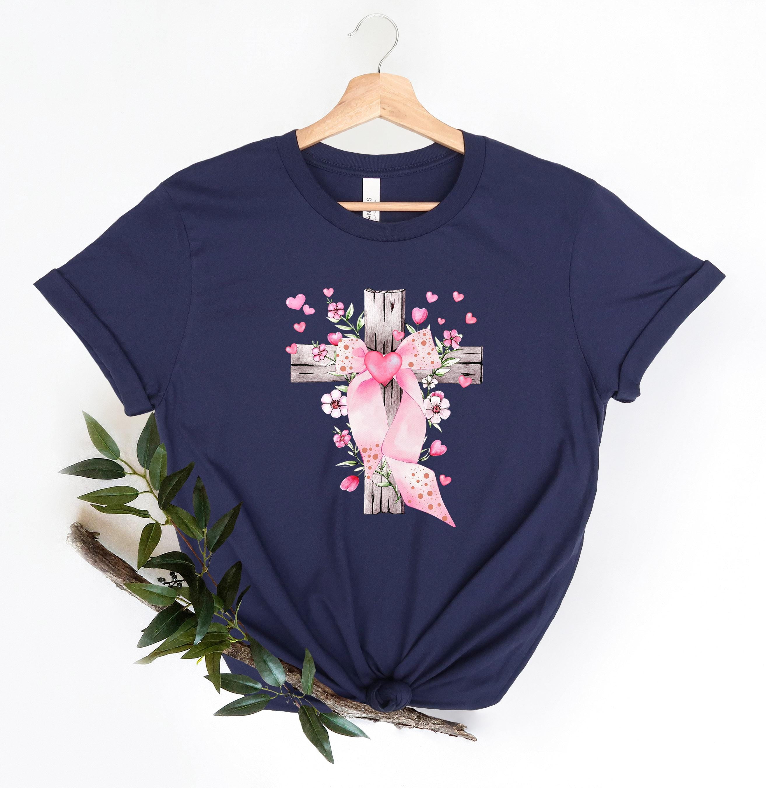 Colorful Floral Cross with Hearts and Bow T-Shirt for Easter ...