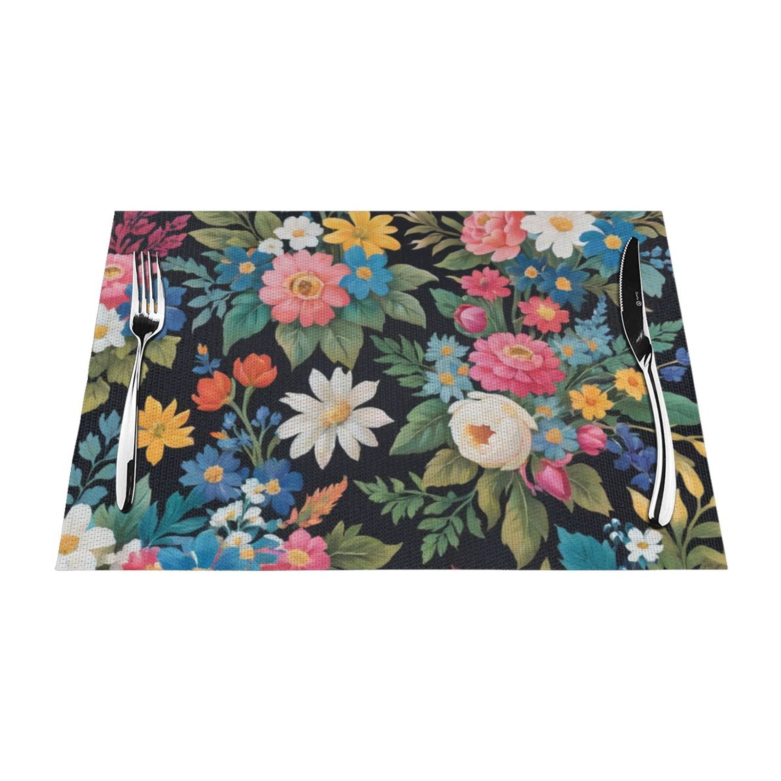 Colorful Floral on Dark Background Dining mat, washable, heat-resistant ...