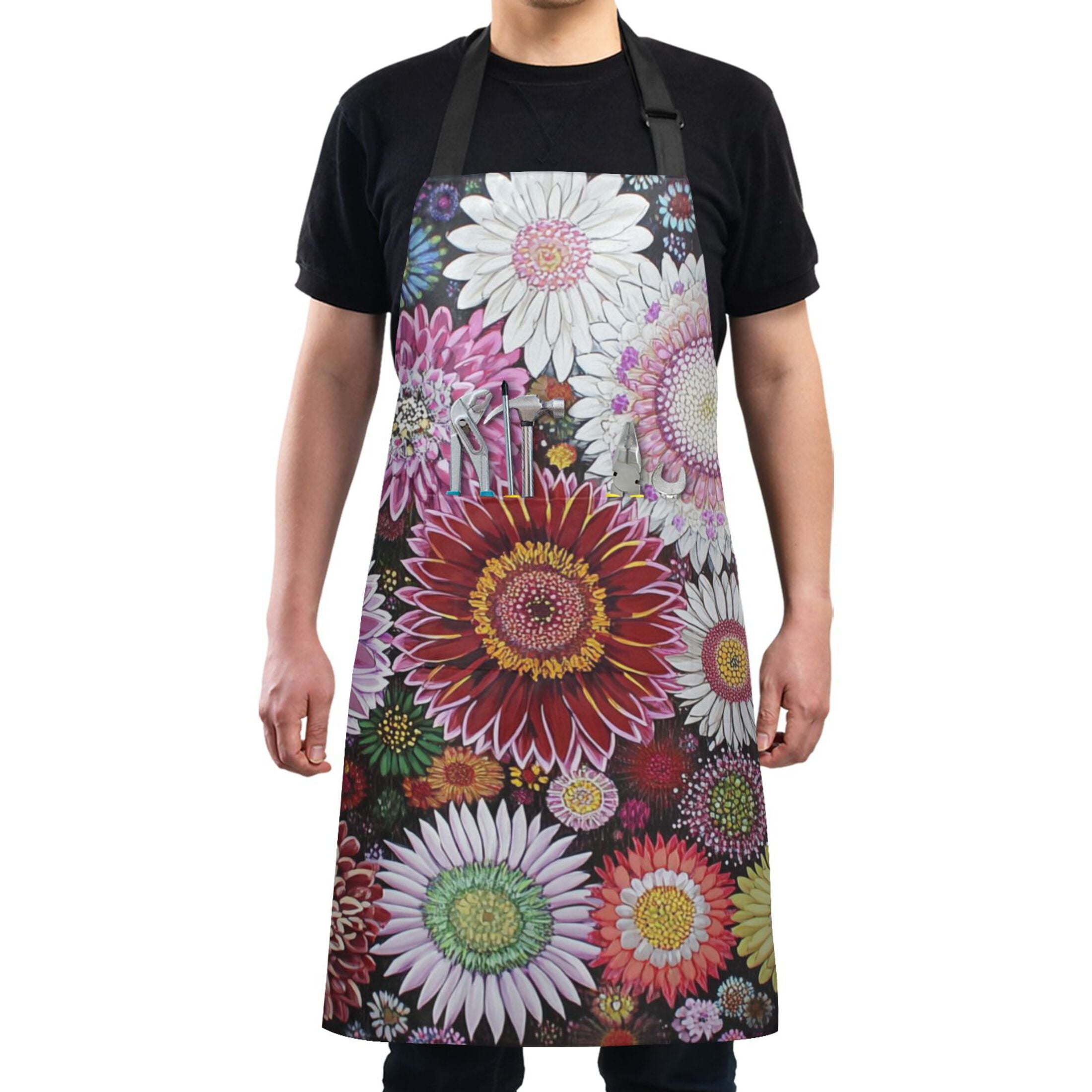 Colorful Floral Design Chef Kitchen Apron with Pockets for Women ...