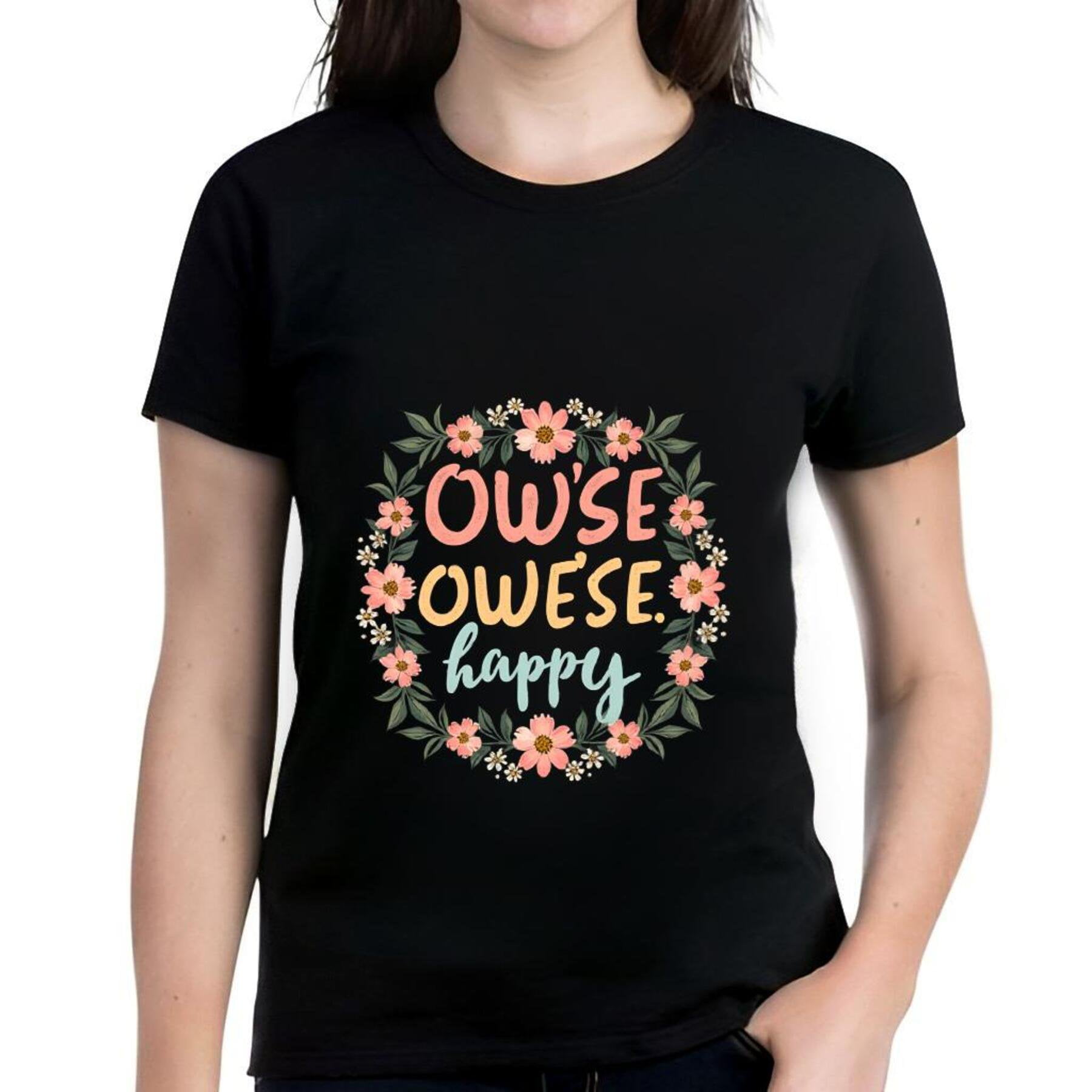 Colorful Floral Design Cotton Short Sleeve T-Shirt - " OWSE OWESE happy ...