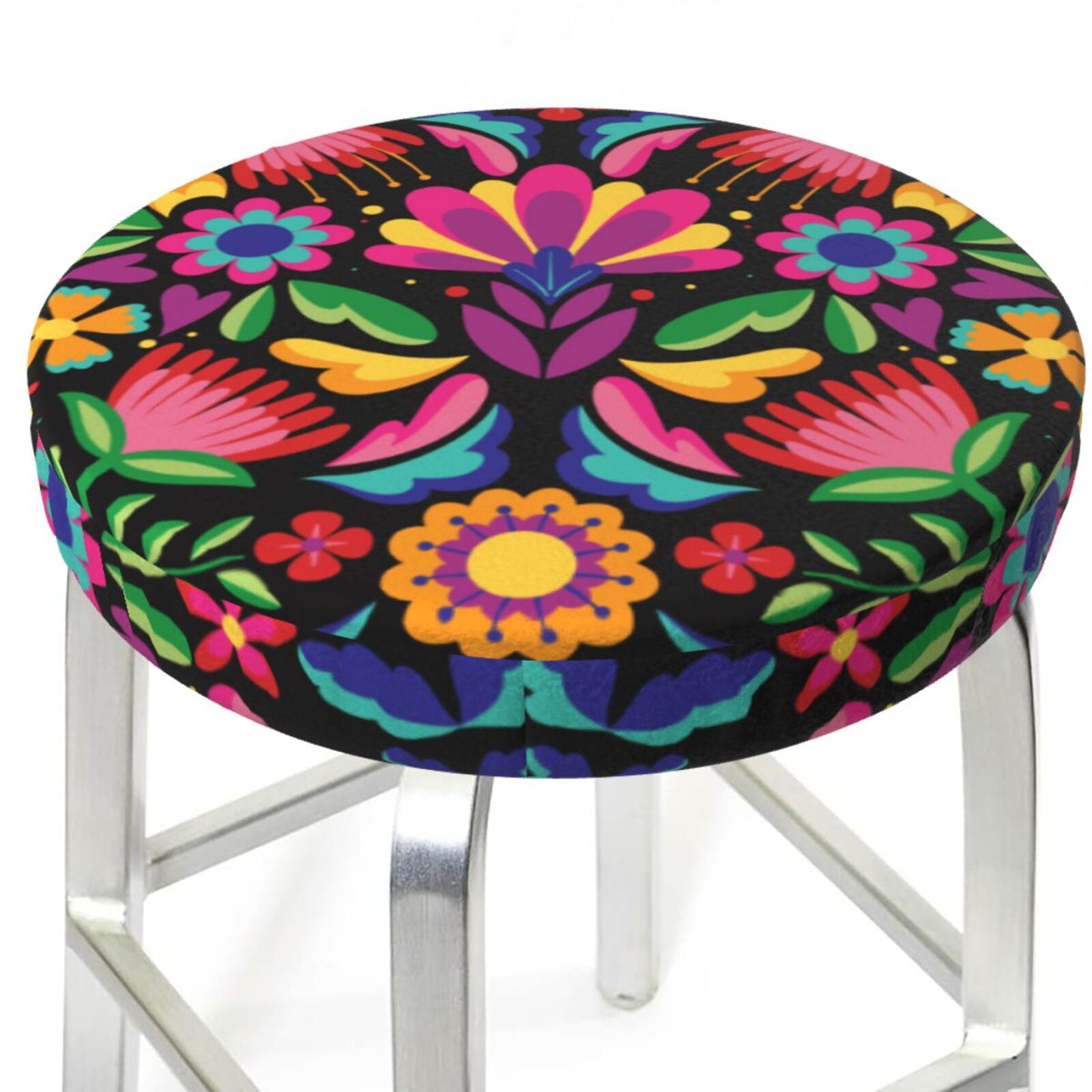 Colorful Floral Embroidery Mexican Bar Stool Covers - Stretch Round ...