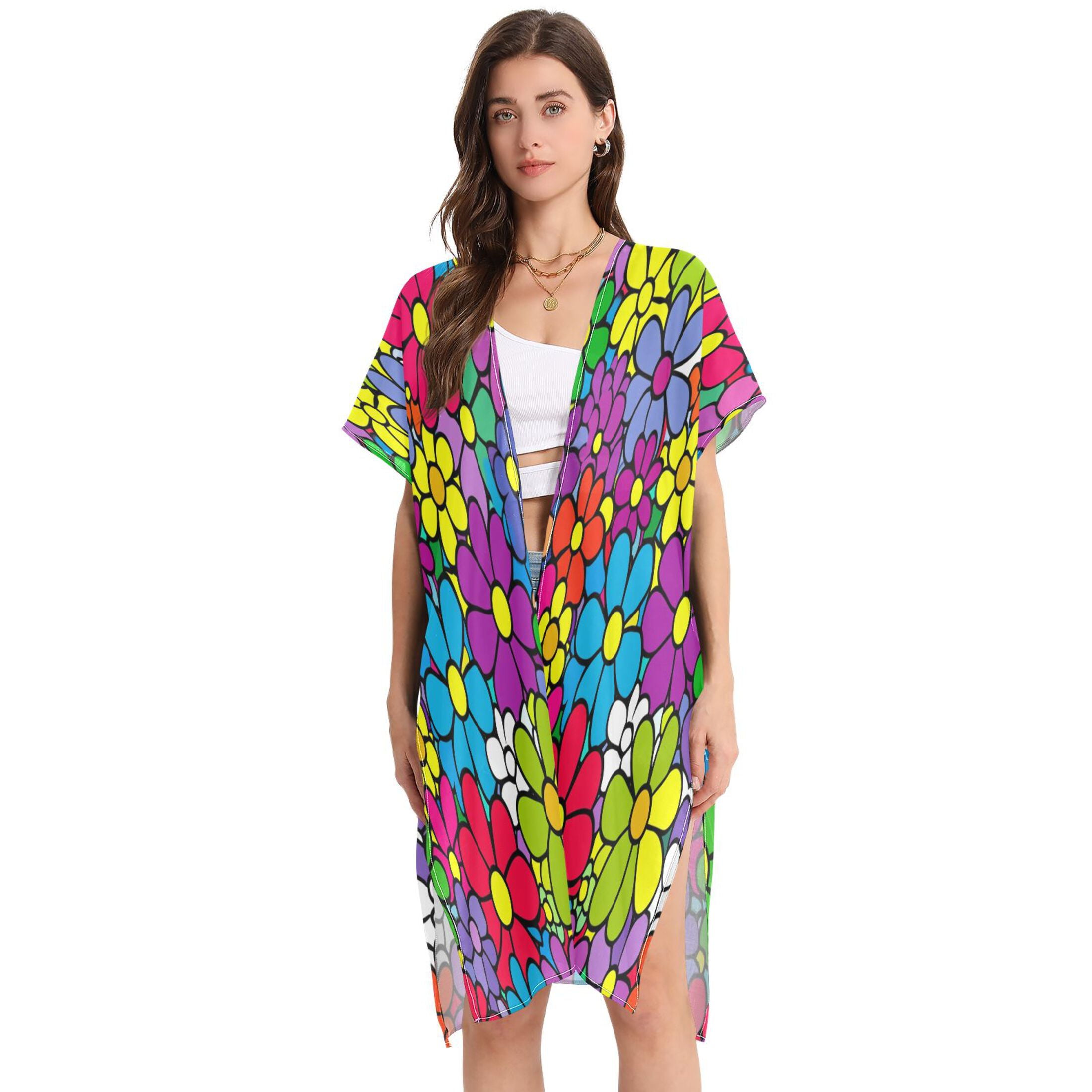 Colorful Floral Explosion Women's Swimwear Cover Up Summer Cardigan ...