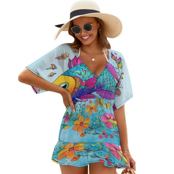 Colorful Floral Fish Art Cover Ups Dresses Women Summer Dress Vintage ...