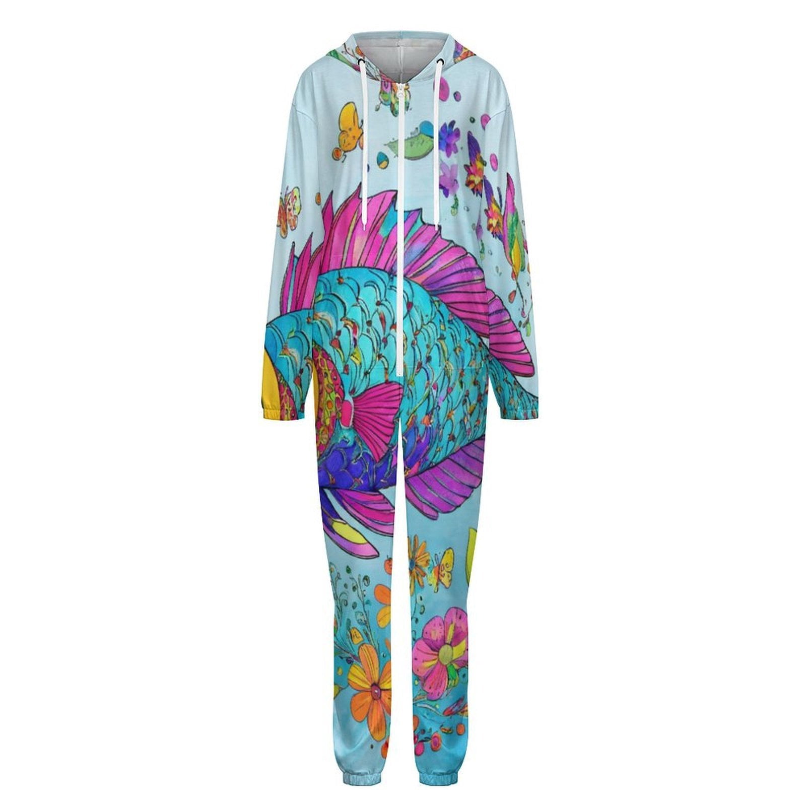 Colorful Floral Fish Art Unisex Adult Onesie Pajamas with Pockets for ...