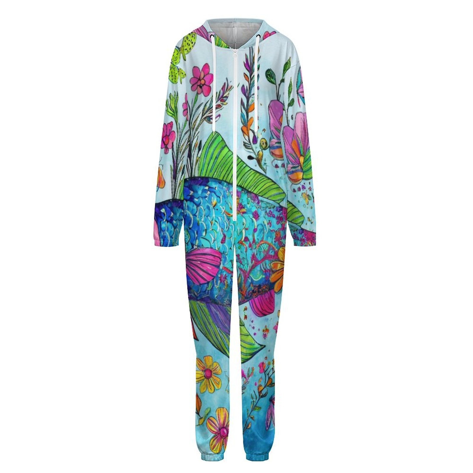 Colorful Floral Fish Art Unisex Adult Onesie Pajamas with Pockets for ...