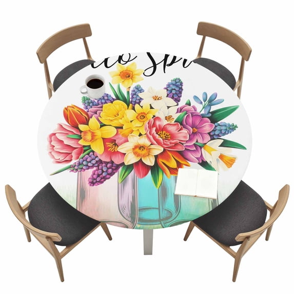 Colorful Floral Fitted Tablecloth with Elastic Edged, Round Table Cloth ...