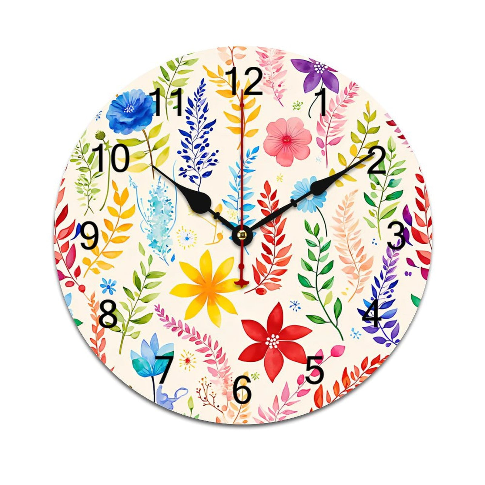 Colorful Floral Flowers And Leaves Printed Silent Wall Clock Round ...