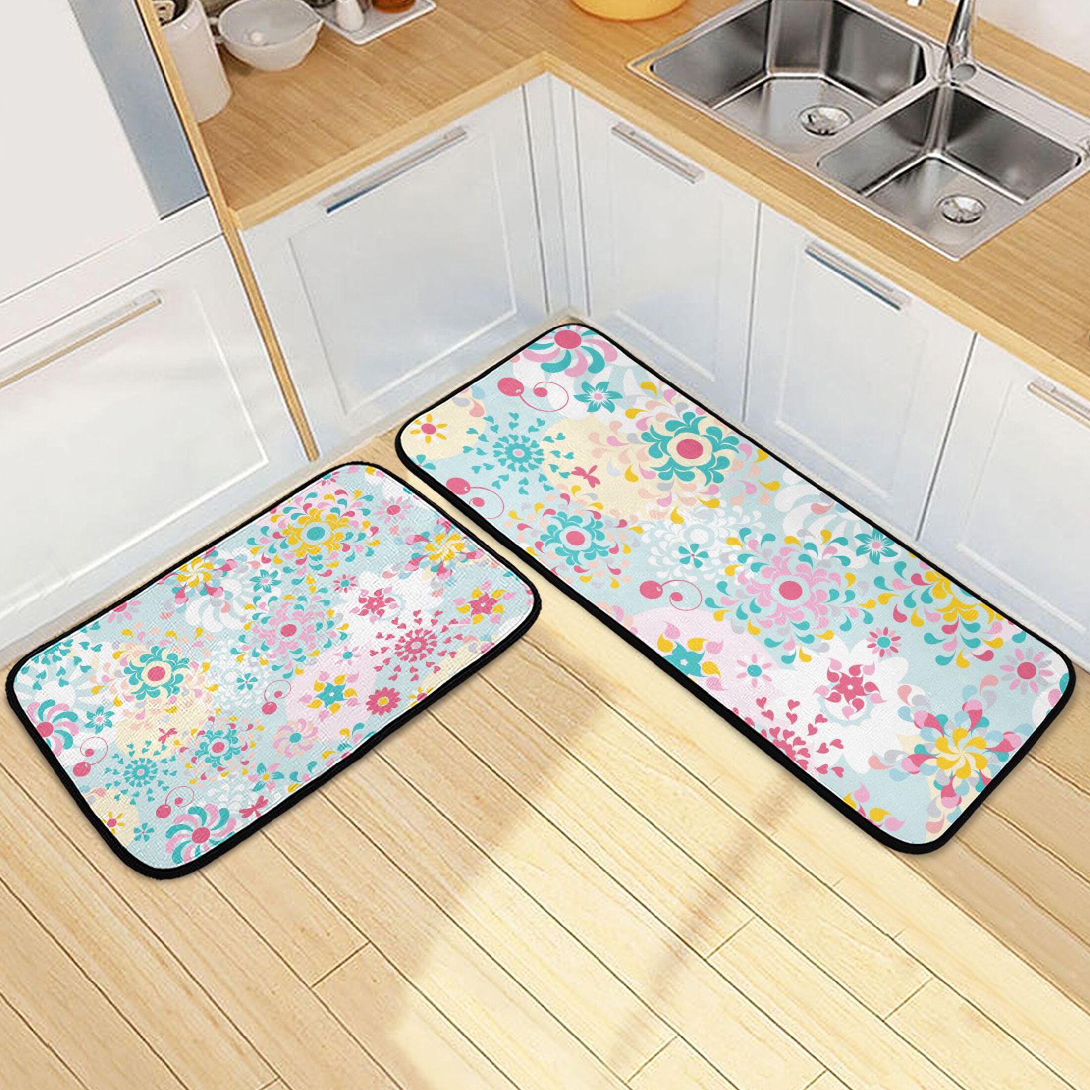 Colorful Floral Flowers Pink and Blue Kitchen Mats Set 2 Piece Non Slip ...