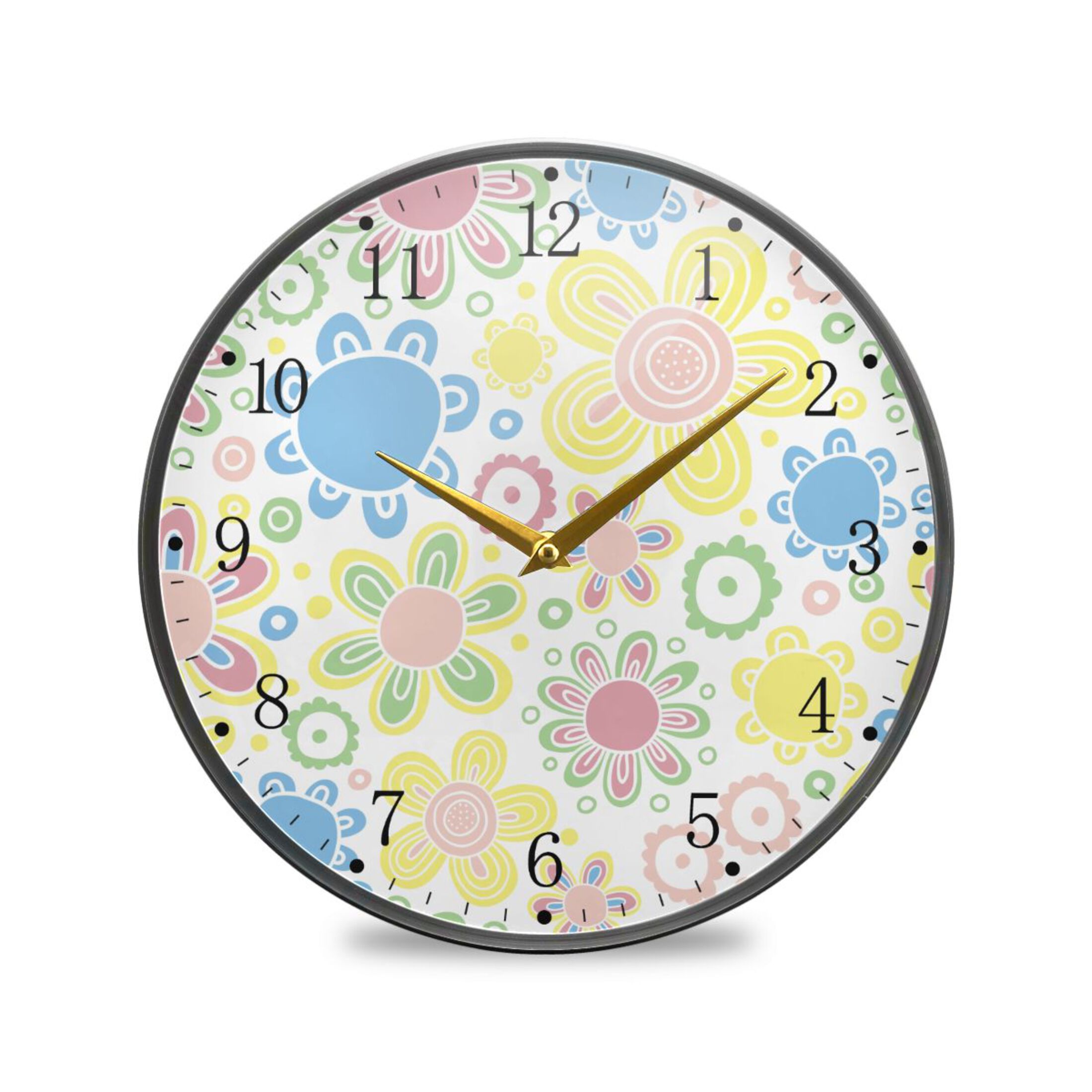 Colorful Floral Flowers Yellow Acrylic Wall Clocks Quiet Round Clock ...