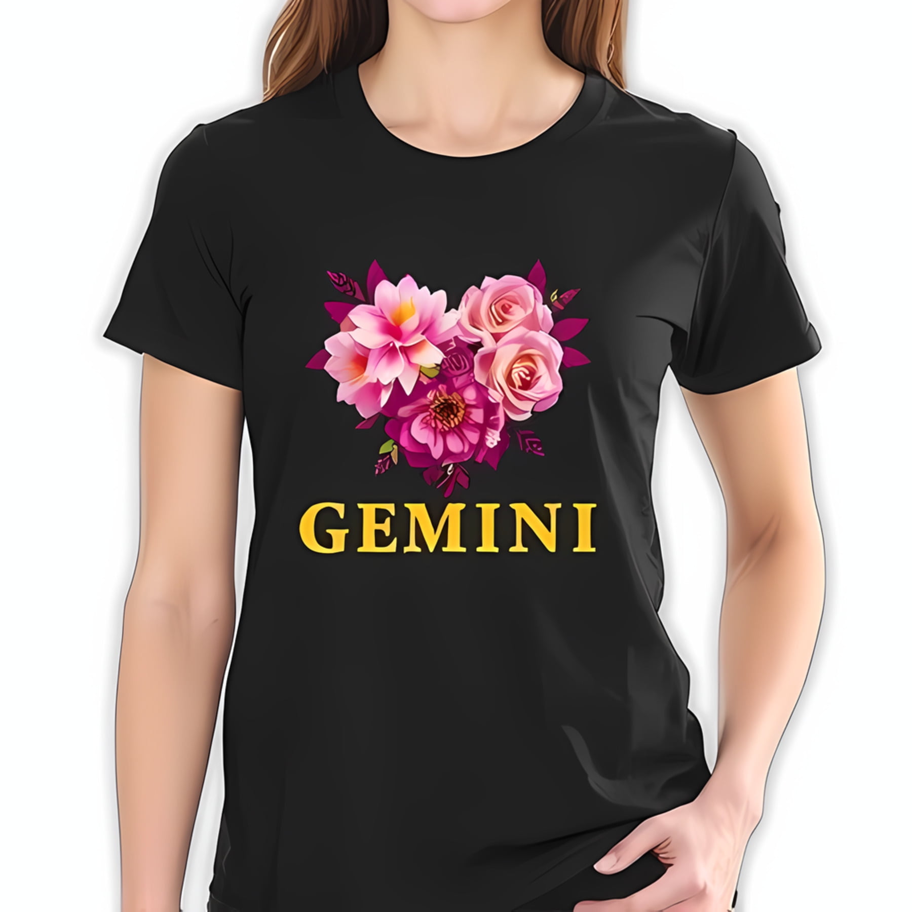 Colorful Floral Gemini T-Shirt for Women - Black Cotton Short Sleeve ...