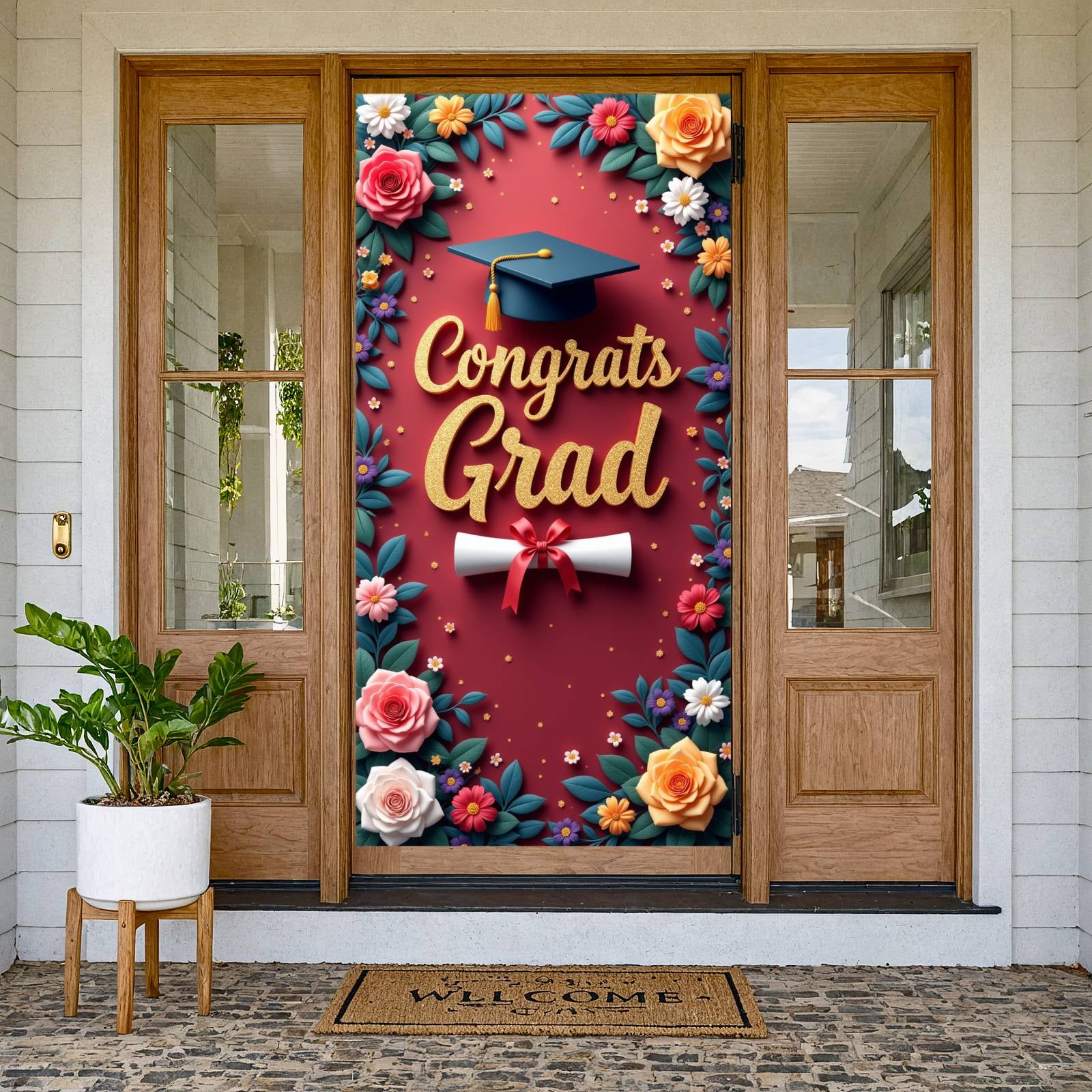 Colorful Floral Graduation Banner Golden Glitter Text Grad Backdrop ...