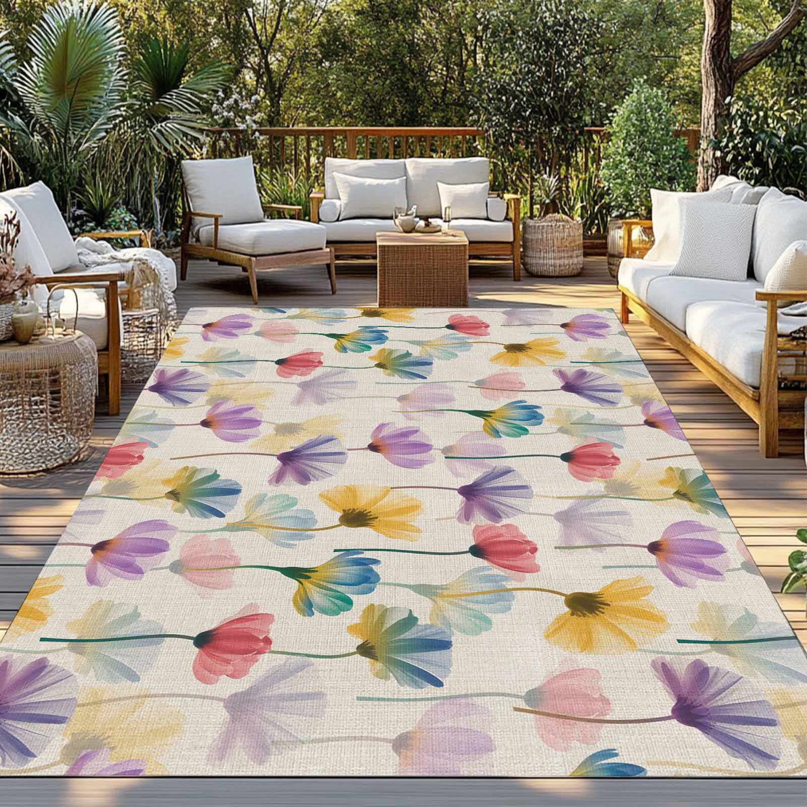 Colorful Floral Indoor Outdoor Rugs 6x9 Ft, Watercolor Purple Yellow ...