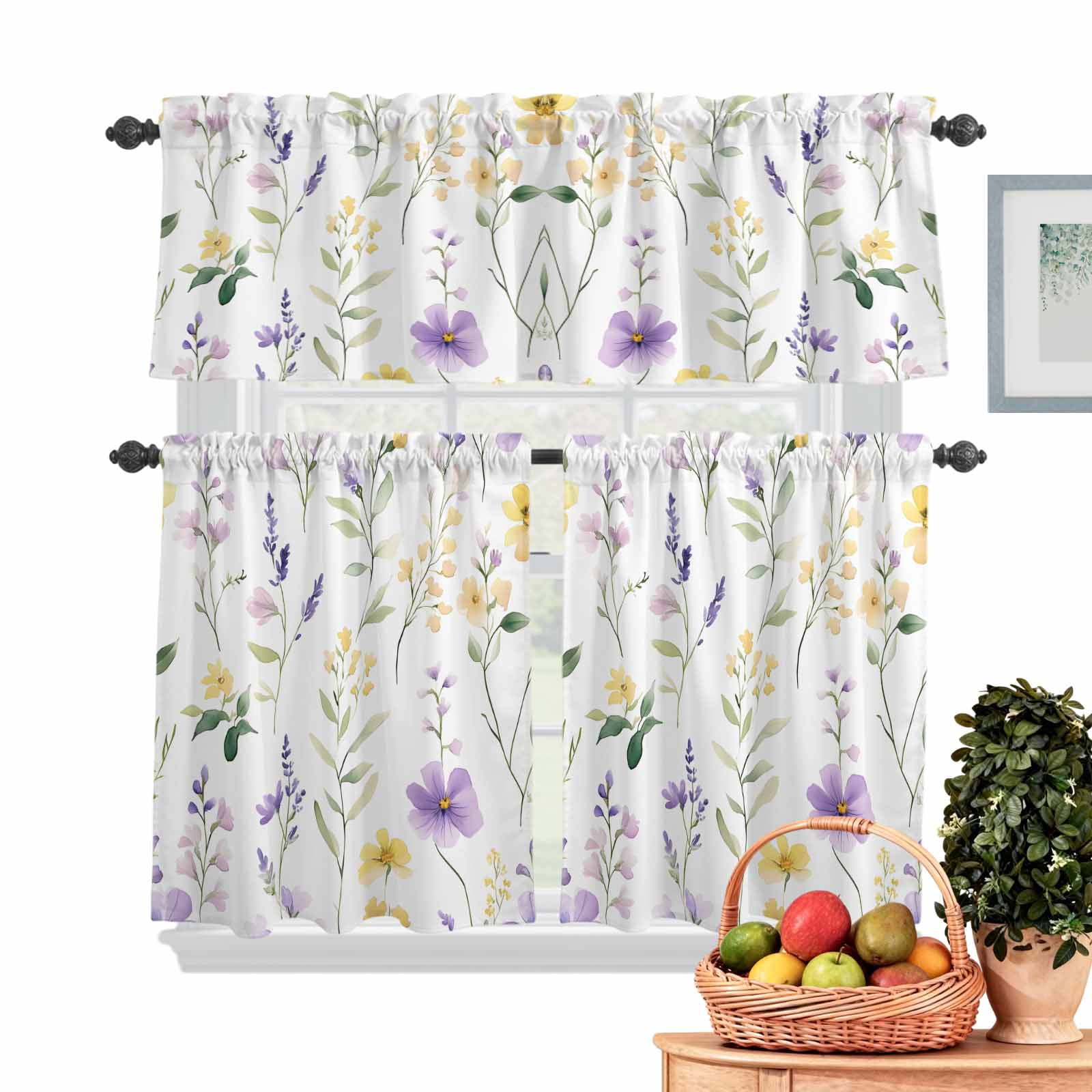 Colorful Floral Kitchen Curtains Valances 3 Piece Set, Spring Rustic ...