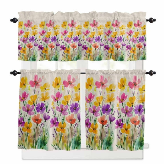 Colorful Floral Kitchen Curtains Valances and Tiers Set of 3 Spring ...