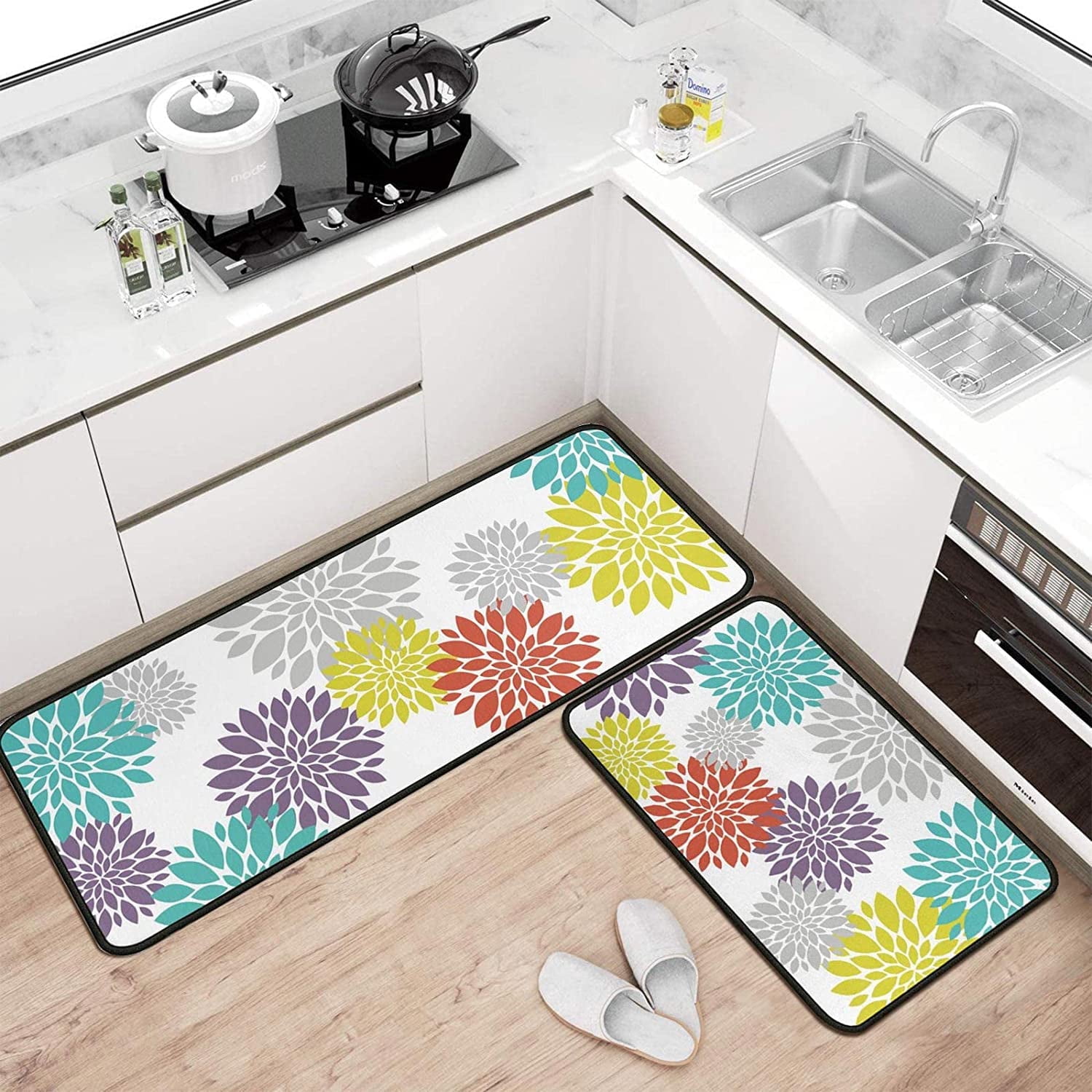 Colorful Floral Kitchen Rugs Set of 2 Non Slip Cushioned Kitchen Floor ...