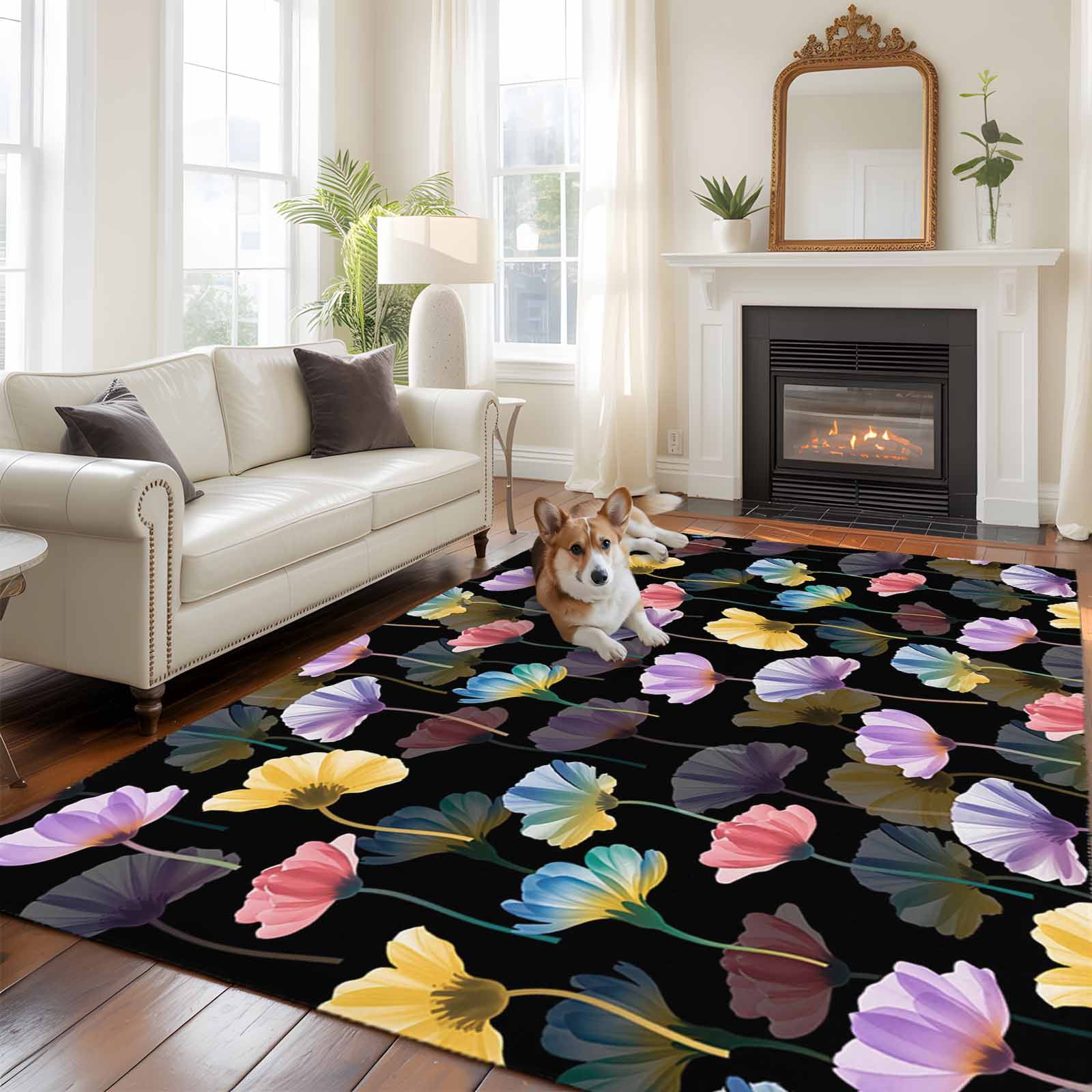 Colorful Floral Large Area Rugs 8x10 ft Watercolor Purple Yellow Blue ...