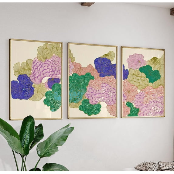Colorful Floral Line Art Botanical Wall Art Modern Abstract Set 3 ...