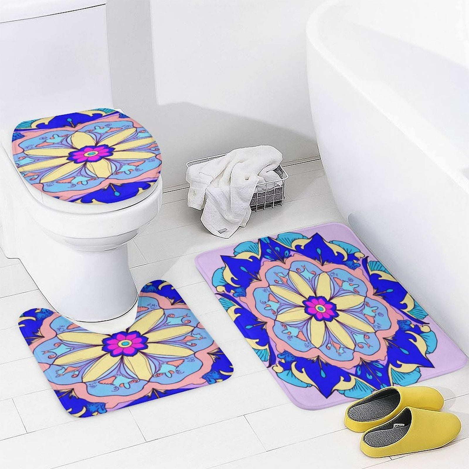Colorful Floral Mandala Art Bathroom Rugs Sets 3 Piece Toilet Lid Cover ...