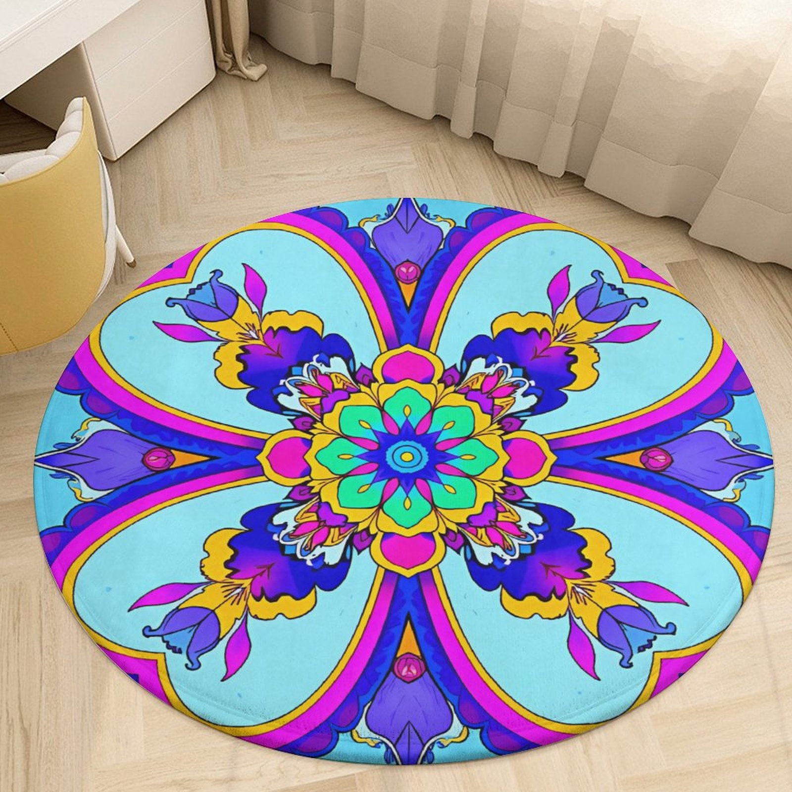 A Colorful Floral Mandala Design on A Bright Blue Background_01 Round ...