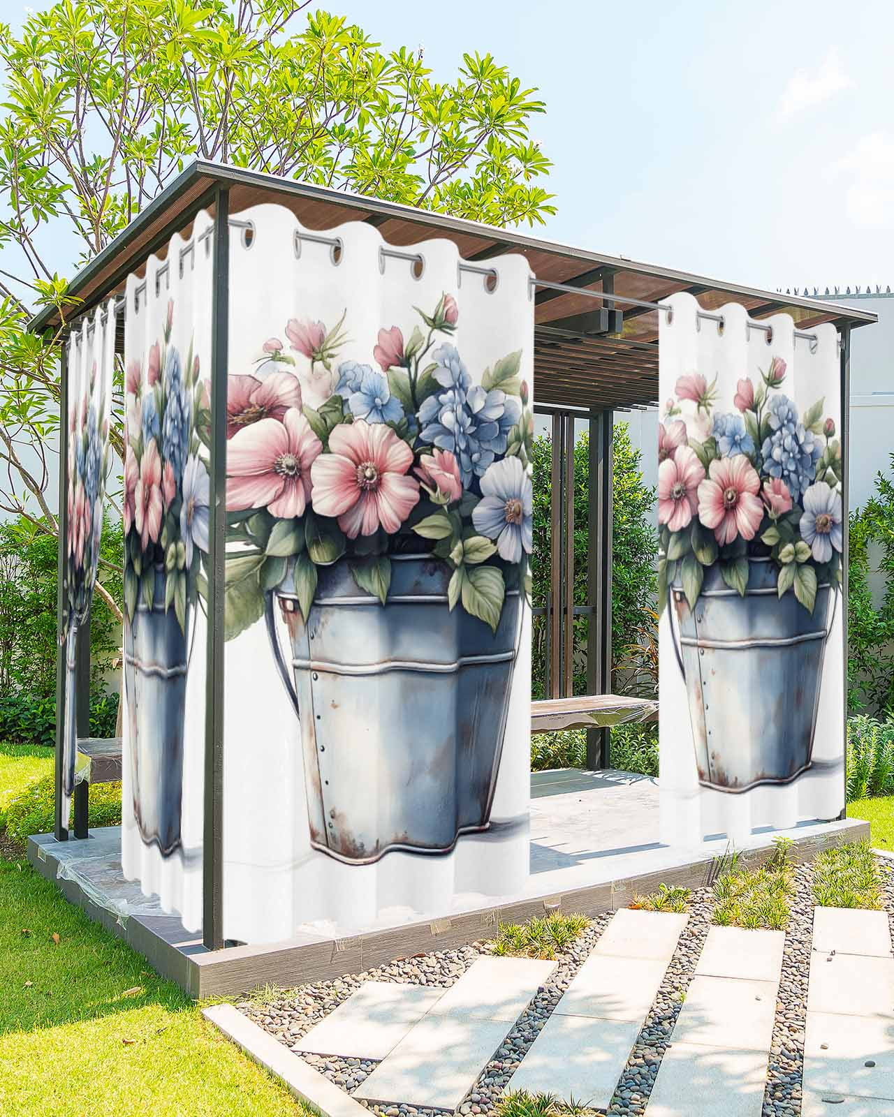 Colorful Floral Outdoor Curtains for Patio, Spring Retro Flower Iron ...