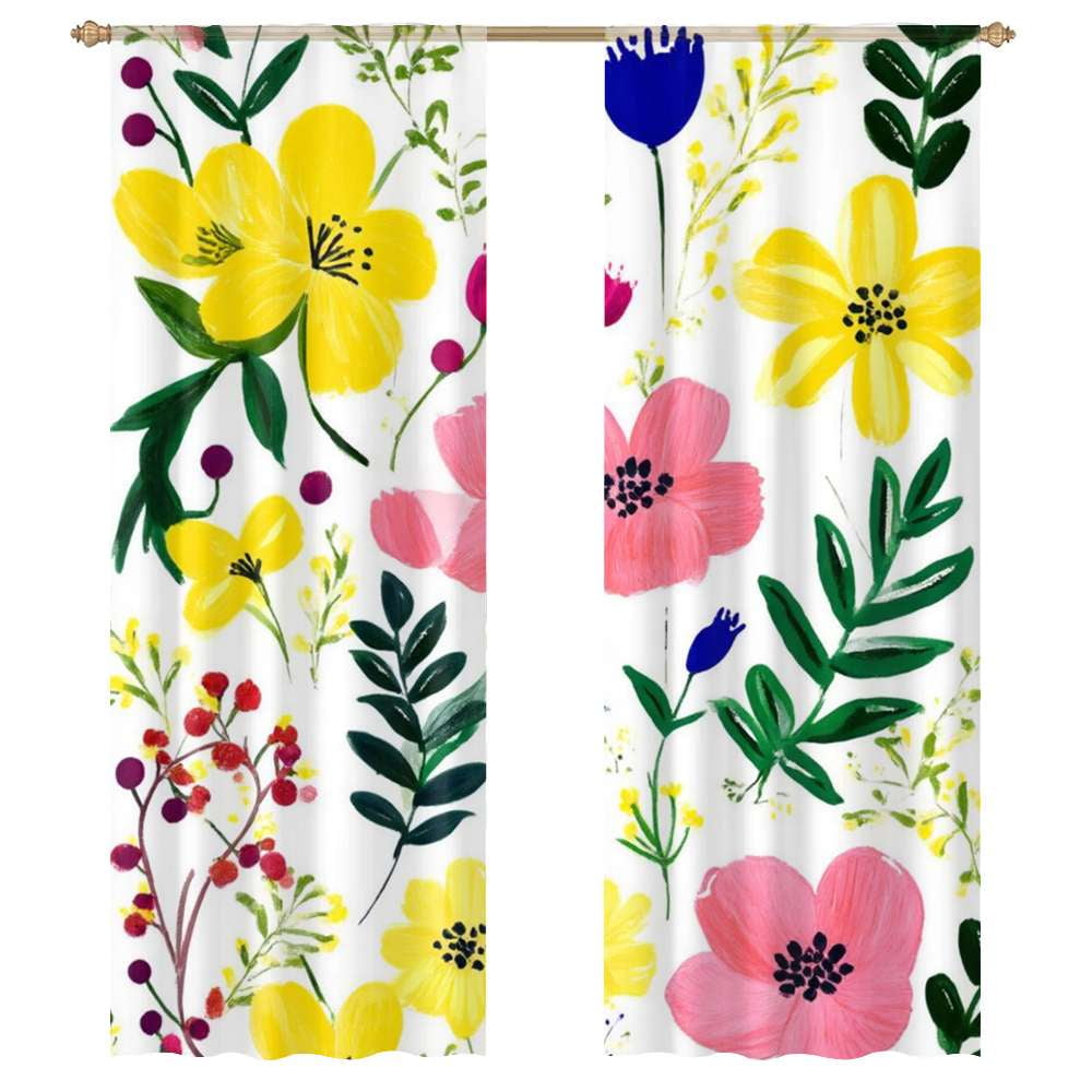 Colorful Floral Painted Pattern Design Sheer Window Curtains for Living ...