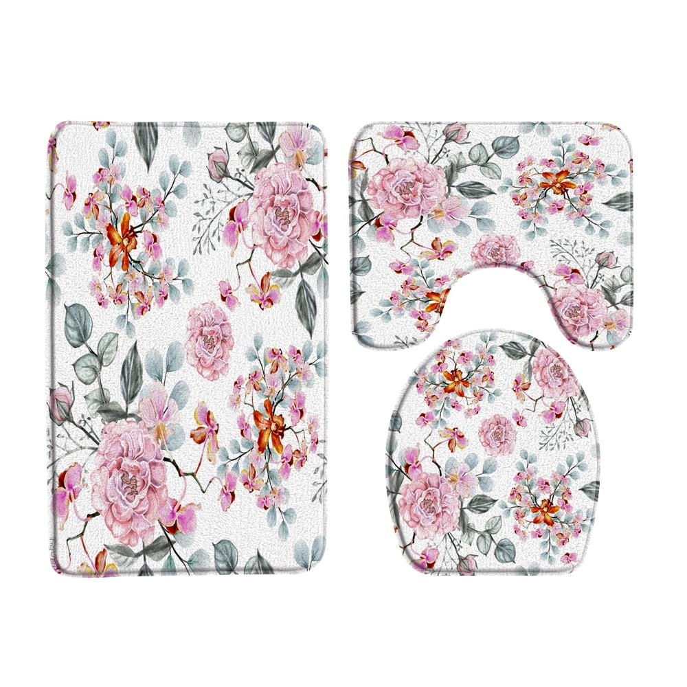 Colorful Floral Pattern Bath Mat 3-Piece Set Plant Flowers Bathroom ...