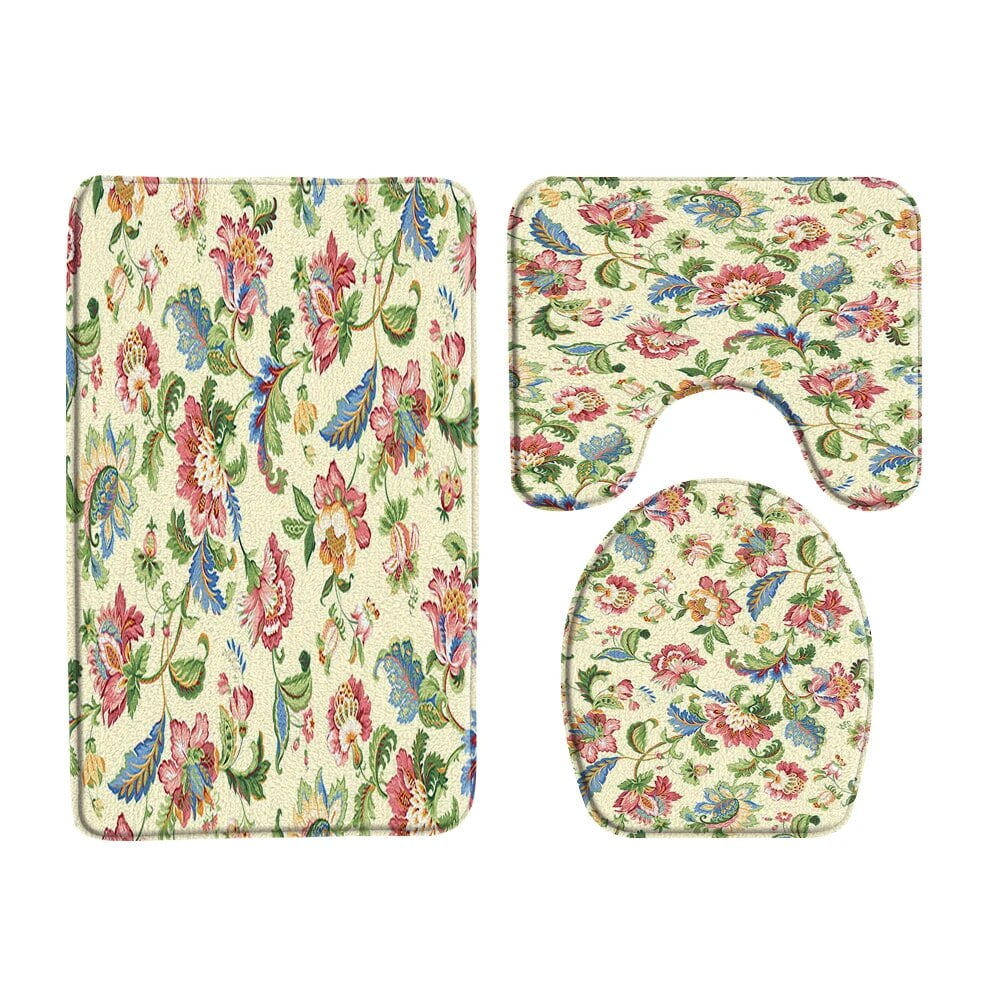 Colorful Floral Pattern Bath Mat 3-Piece Set Plant Flowers Bathroom ...