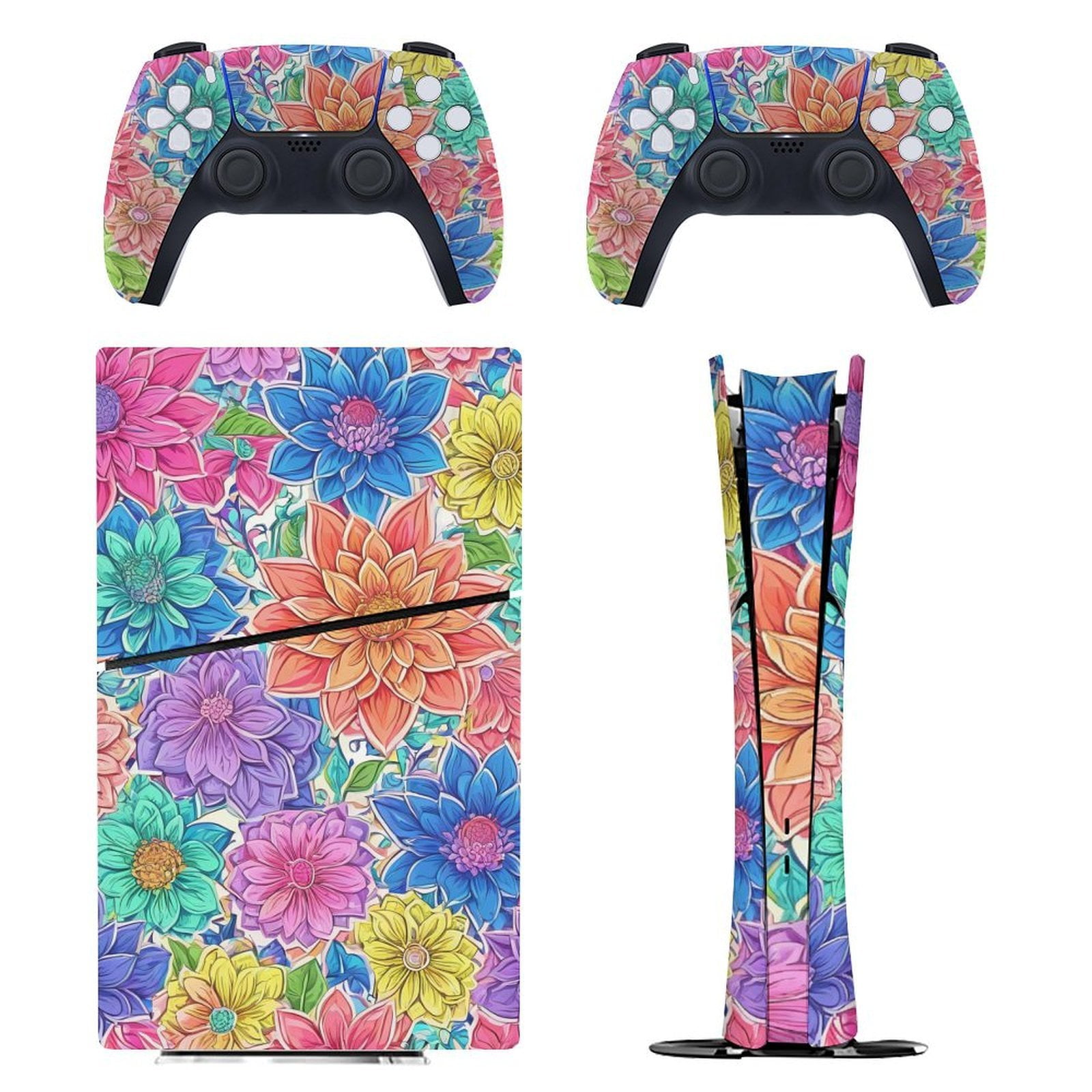 Colorful Floral Pattern Console Skin Bundle for PS5 Pro Slim Disc ...
