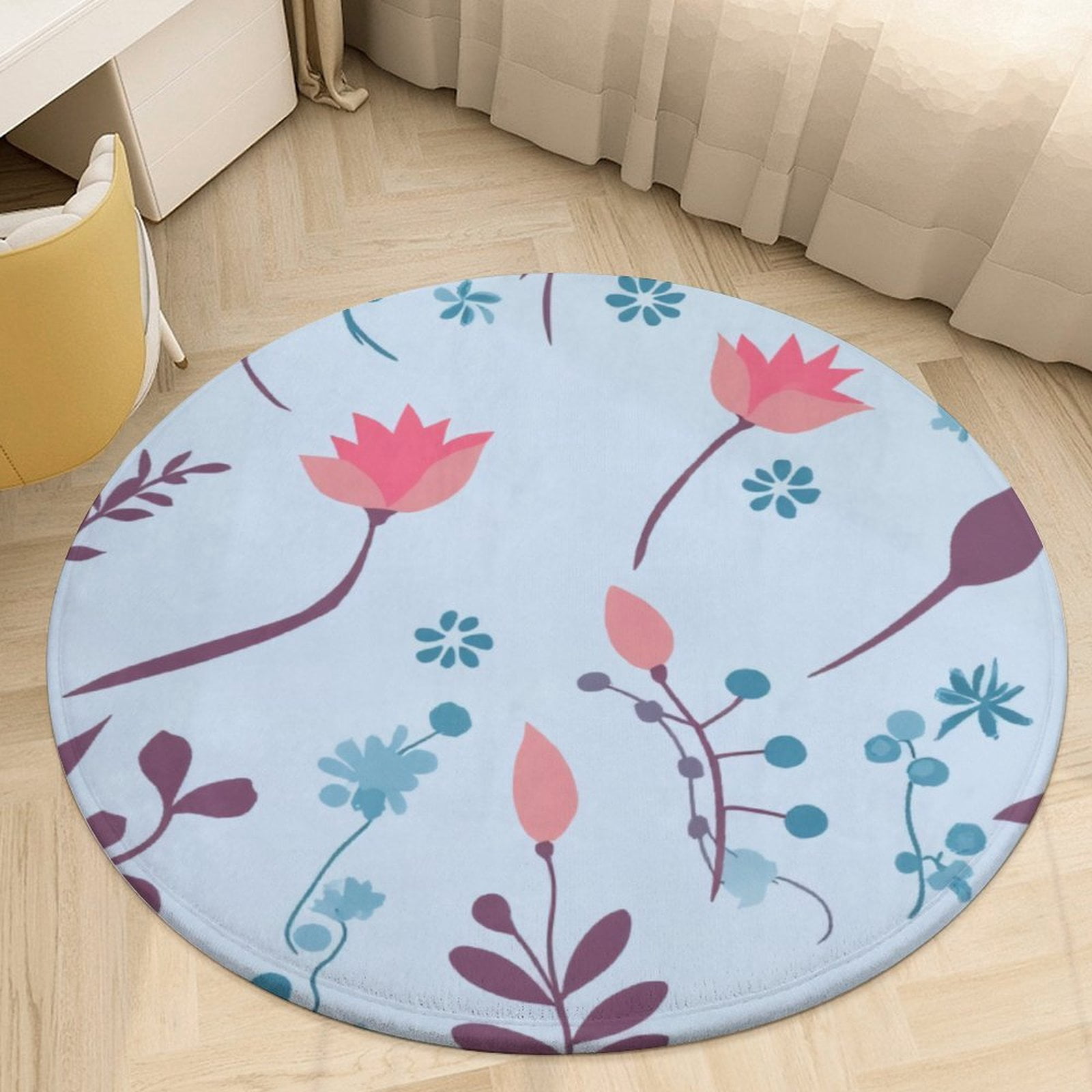 Colorful Floral Pattern on Light Blue Background Round Area Rugs for ...
